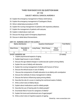 3RD YEAR B.SC NURSING 2024 BLUEPRINT QUESTION BANK MEDICAL SURGICAL NURSING-2 QUESTION | PDF
