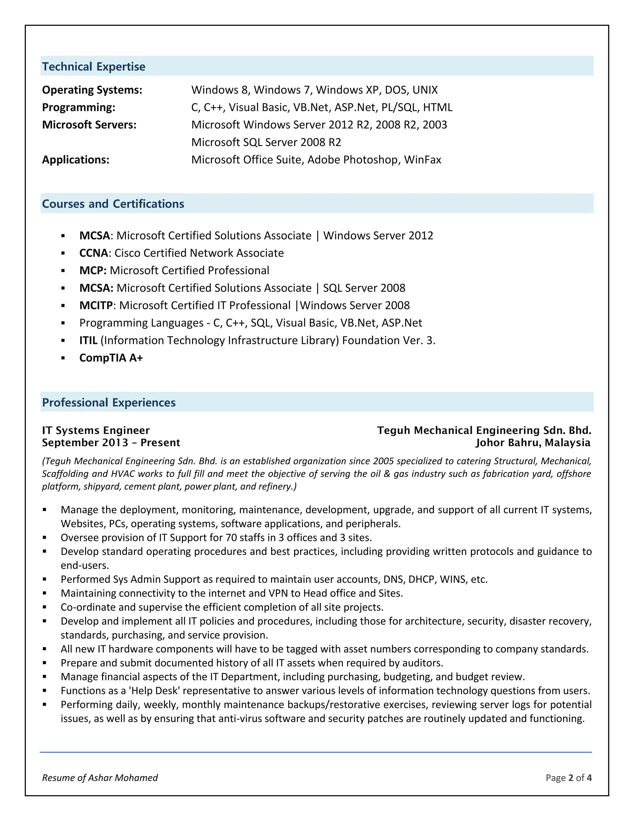 RESUME- IT, Ashar Mohamed | PDF