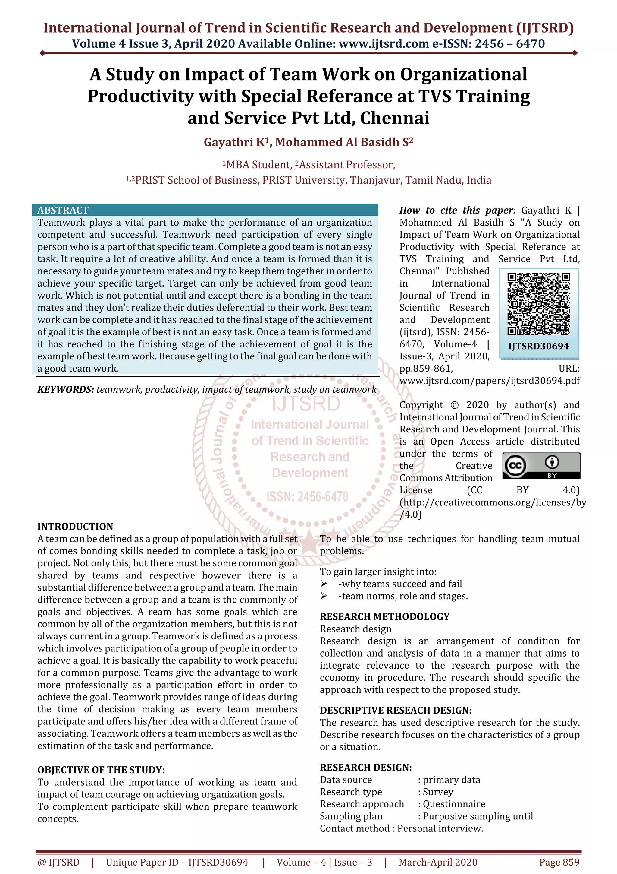 A Study on Impact of Team Work on Organizational Productivity with ...