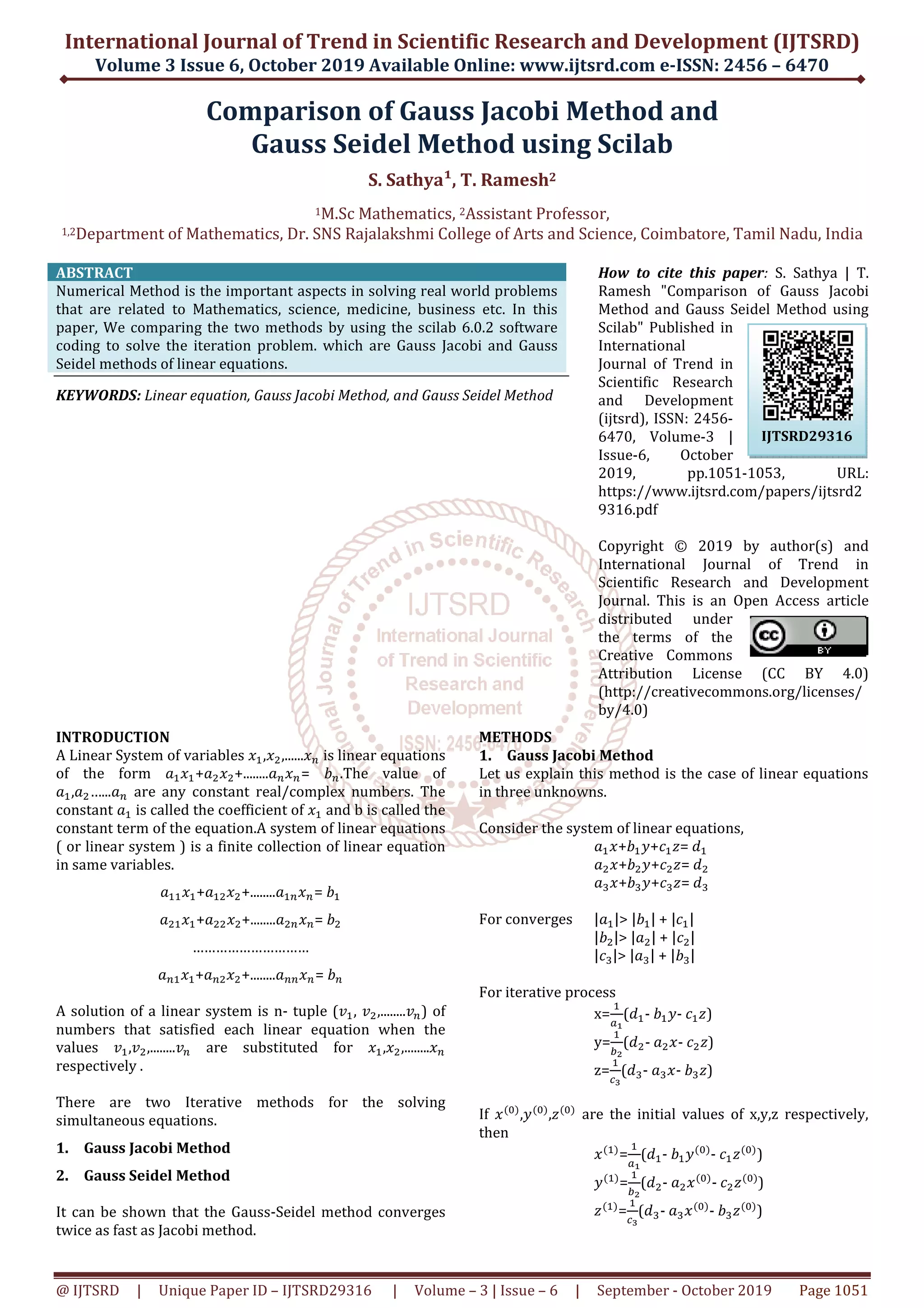Comparison of Gauss Jacobi Method and Gauss Seidel Method using Scilab | PDF