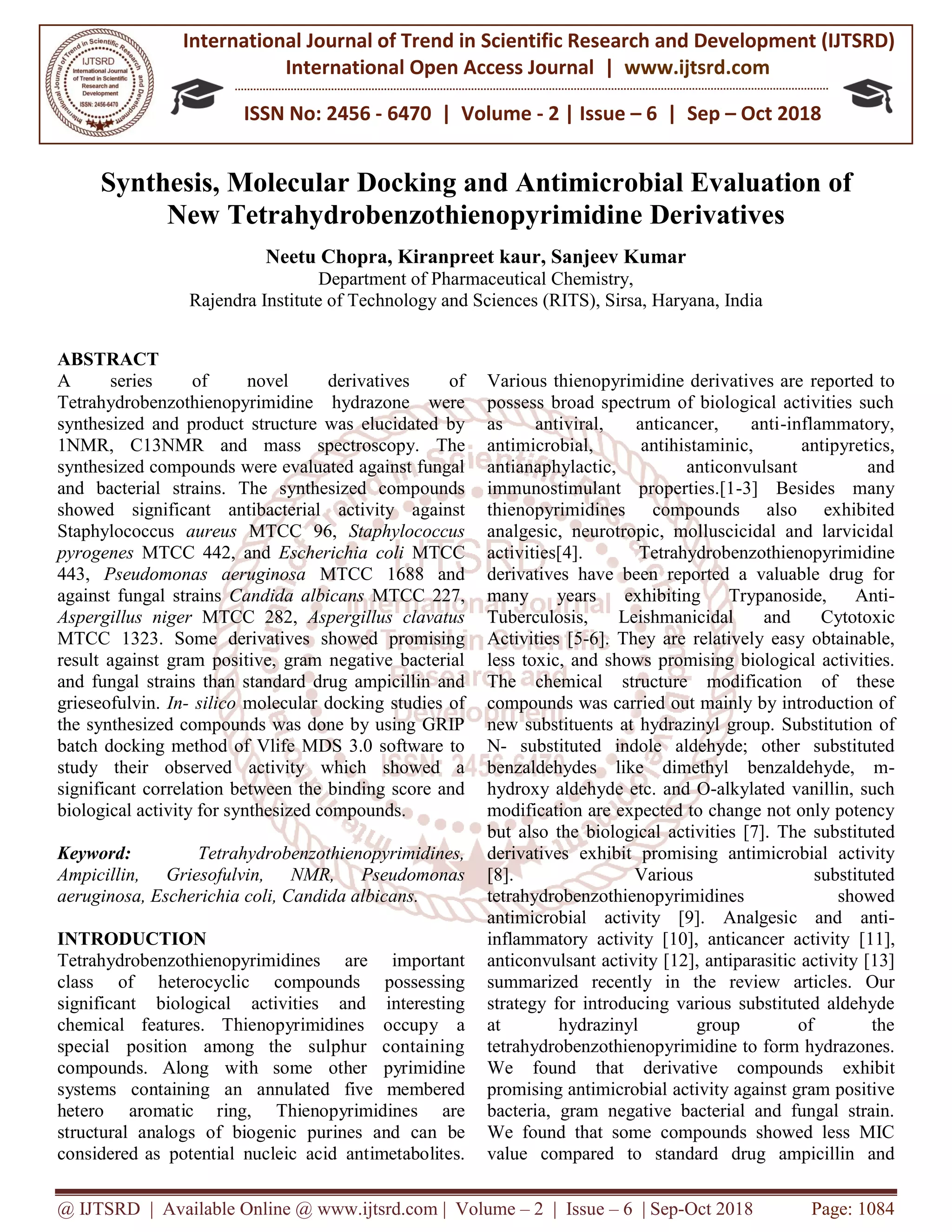 Synthesis, Molecular Docking and Antimicrobial Evaluation of New Tetrahydrobenzothienopyrimidine ...