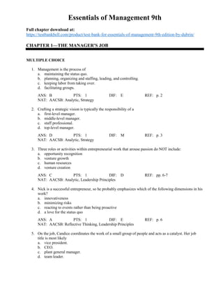 Test Bank for Essentials of Management 9th Edition by Dubrin | PDF
