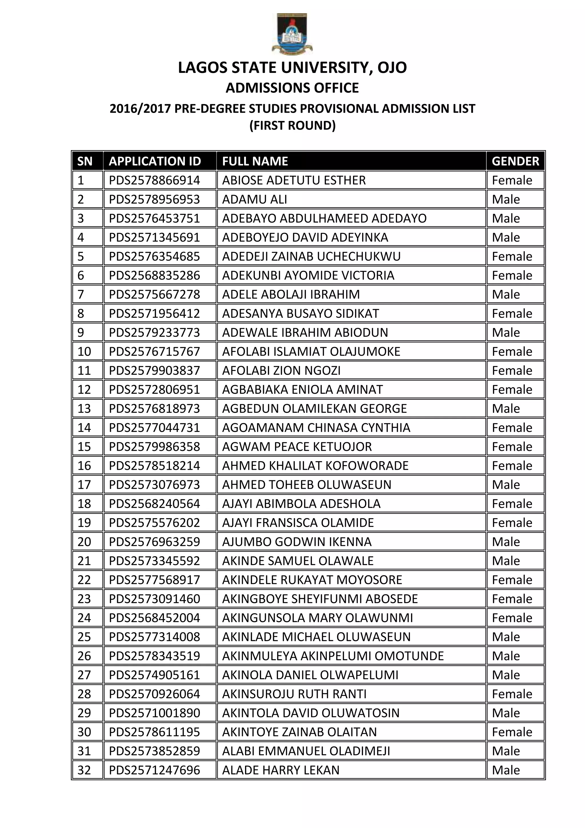 lasu 2016/2017 pds admission list first round www.alluniversitynews.com