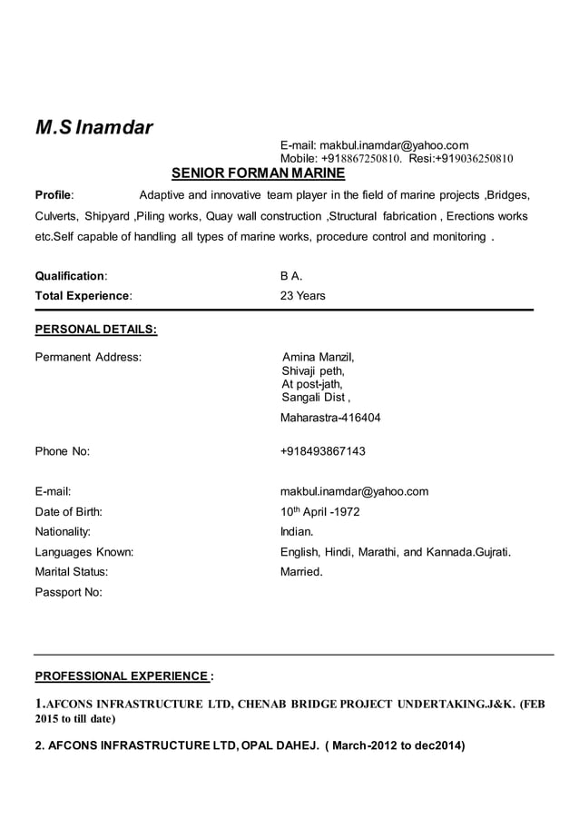 RESUME INAMDAR | DOCX | Civil Engineering Industry | Industries