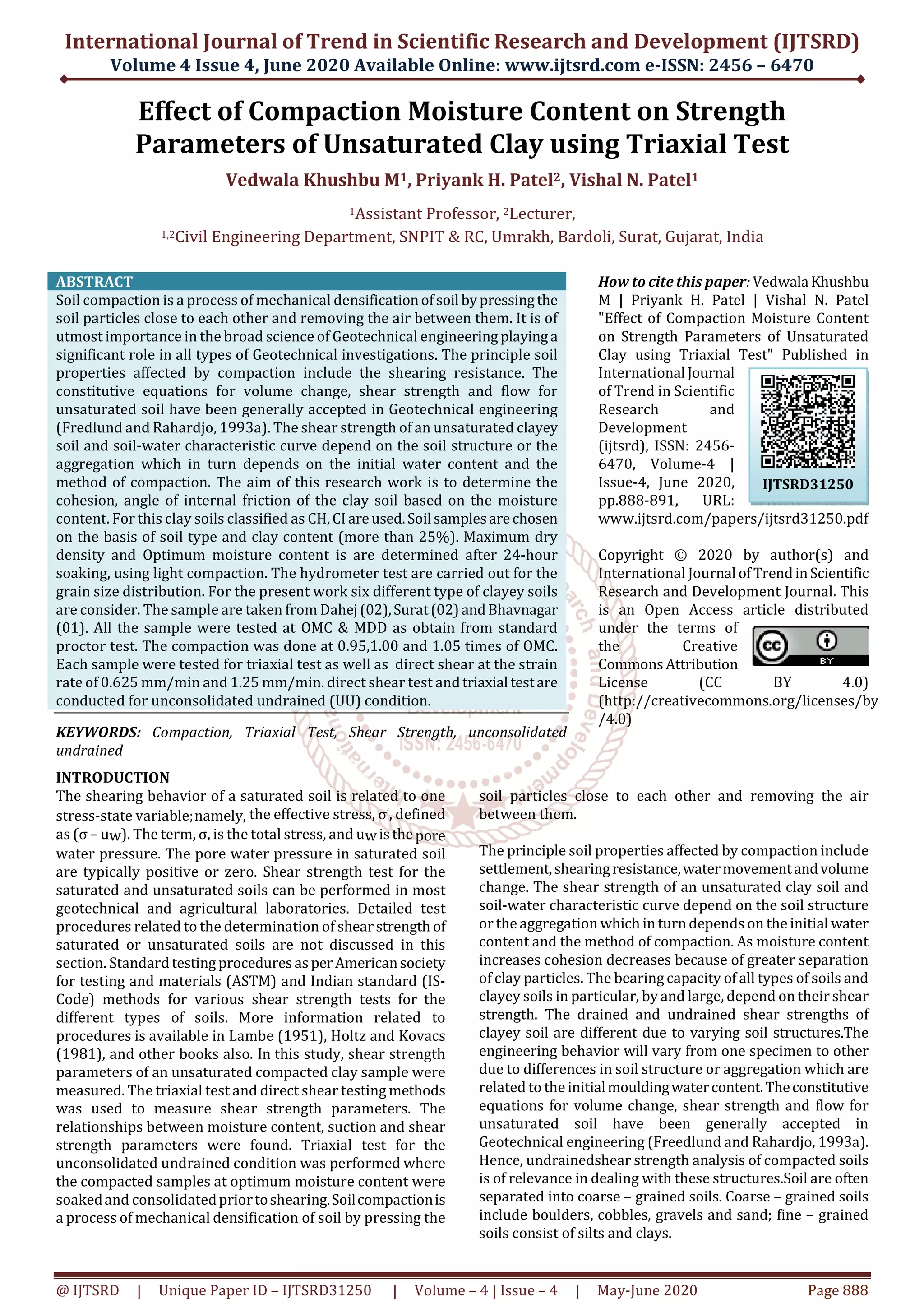 Effect Of Compaction Moisture Content On Strength Parameters Of