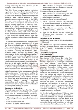 Levels of Conceptual Understanding and Problem Solving Skills of Physics Teachers in Kinematics ...