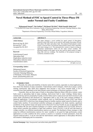 Novel Method of FOC to Speed Control in Three-Phase IM under Normal and ...