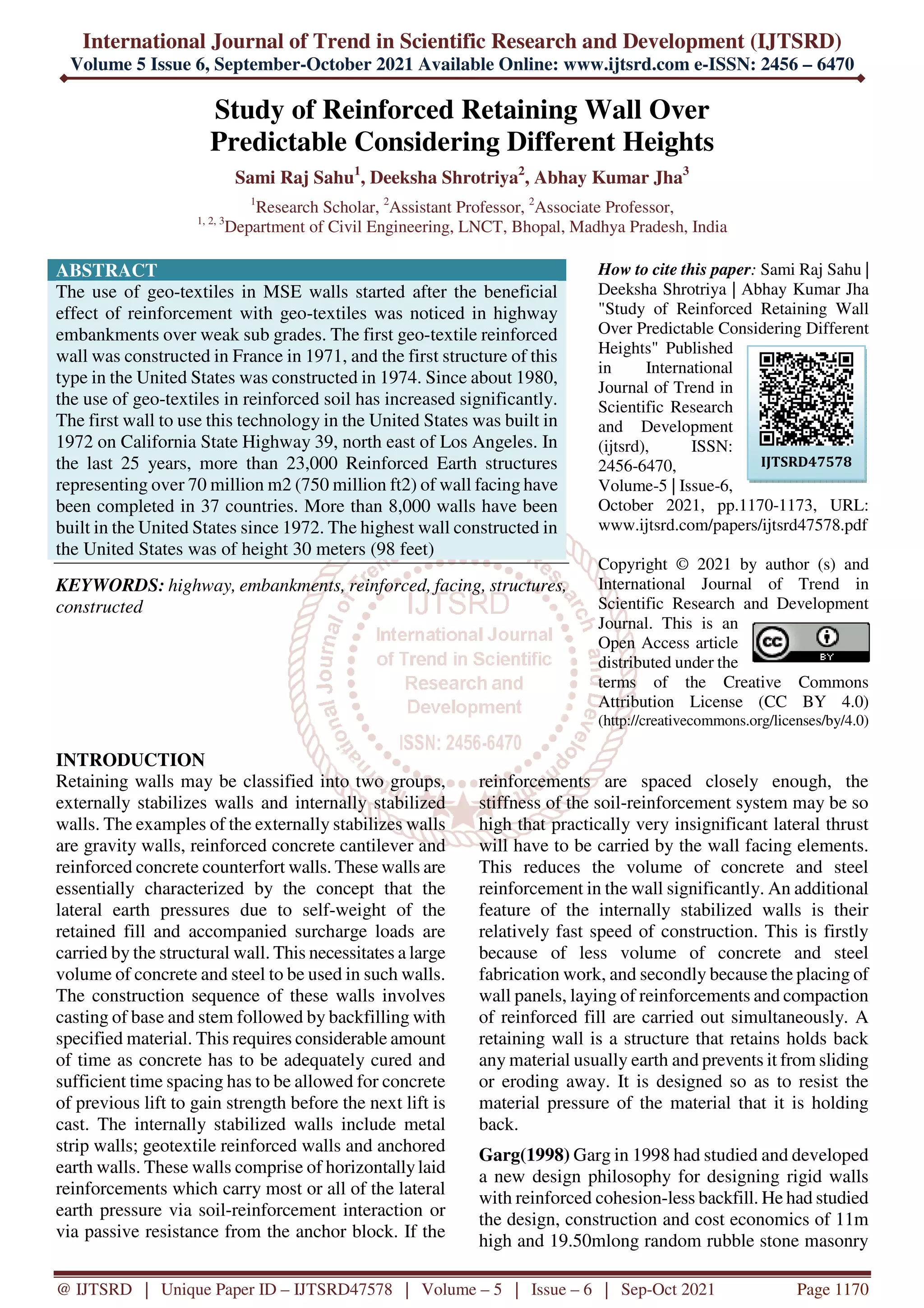 Study of Reinforced Retaining Wall Over Predictable Considering ...