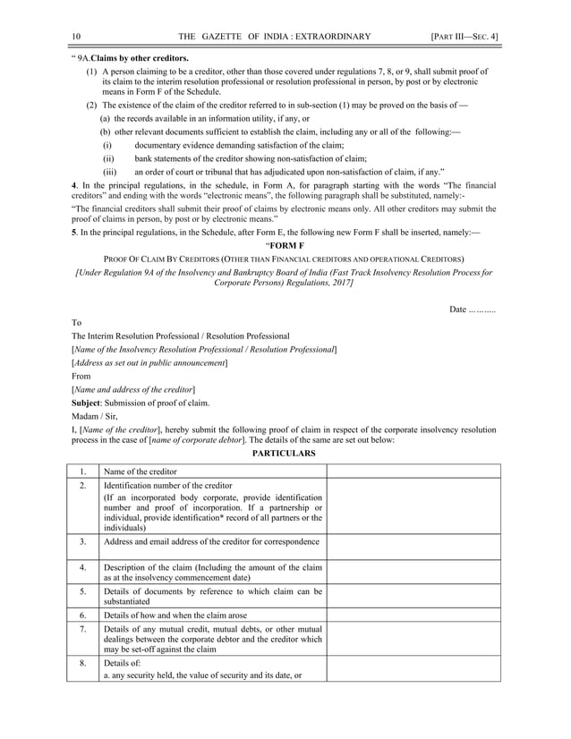 Format of Form F IBBI Latest Resolution | PDF