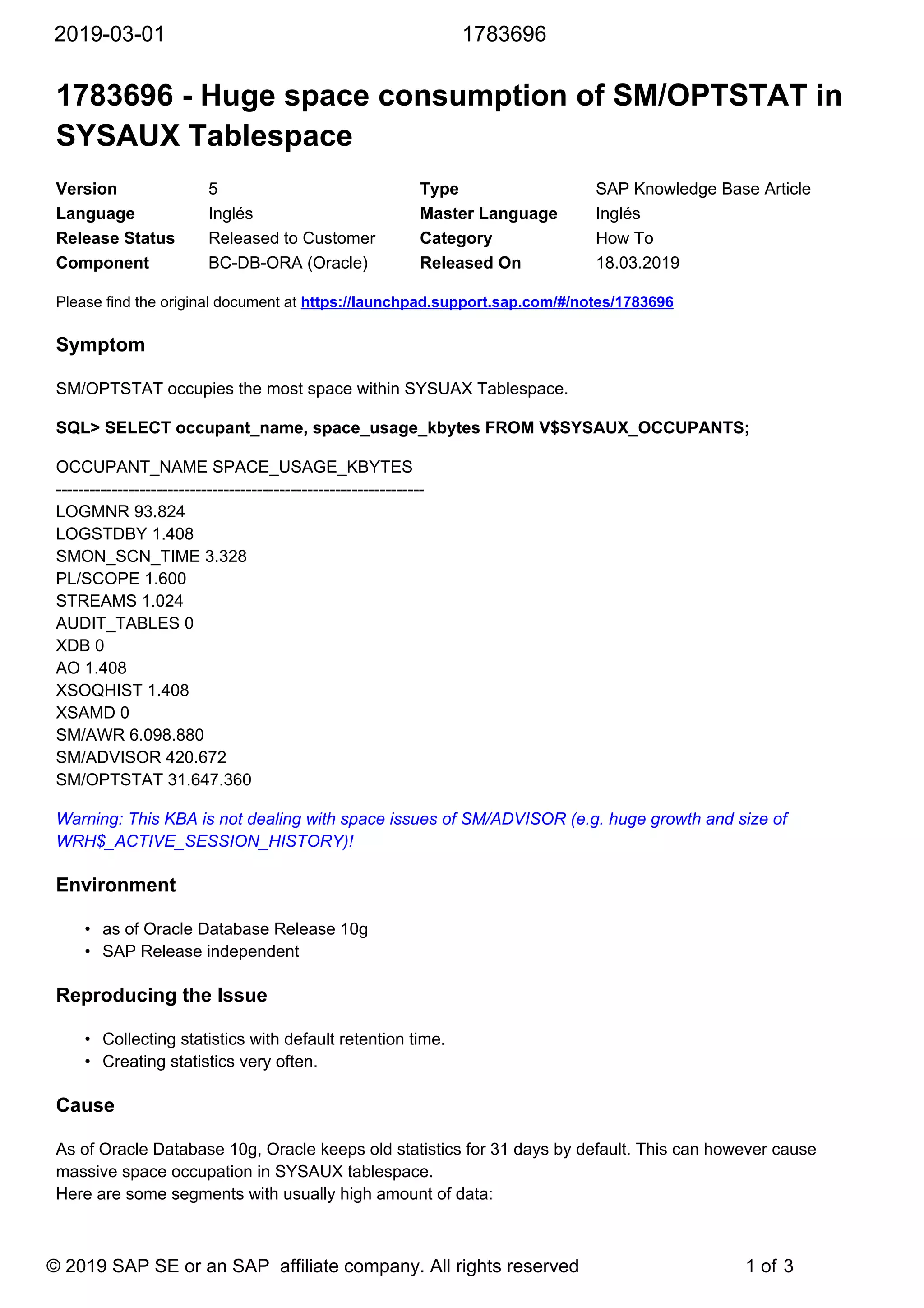1783696 Huge Space Consumption Of Sm Optstat In Sysaux Tablespace Pdf