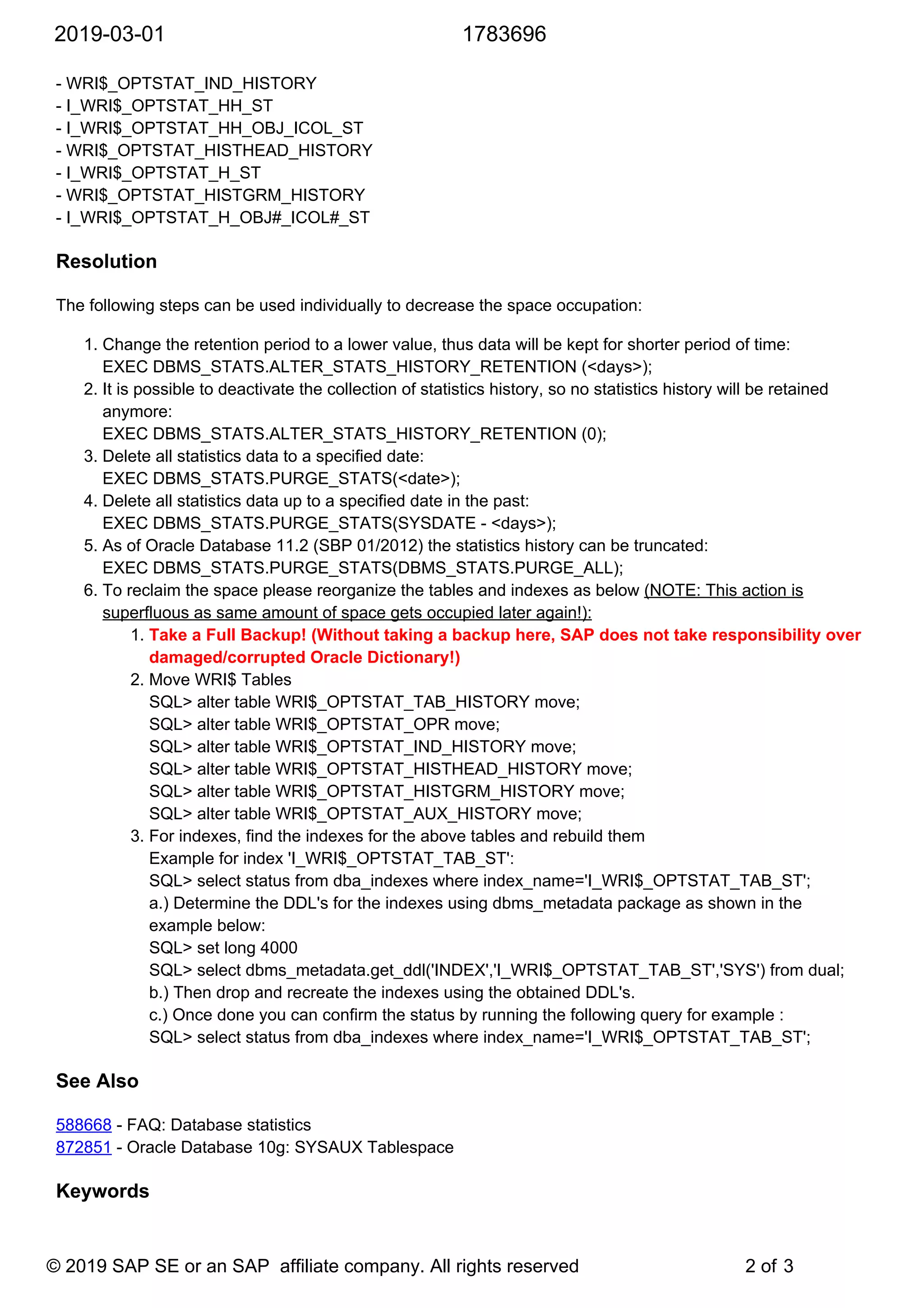 1783696 Huge Space Consumption Of Sm Optstat In Sysaux Tablespace Pdf
