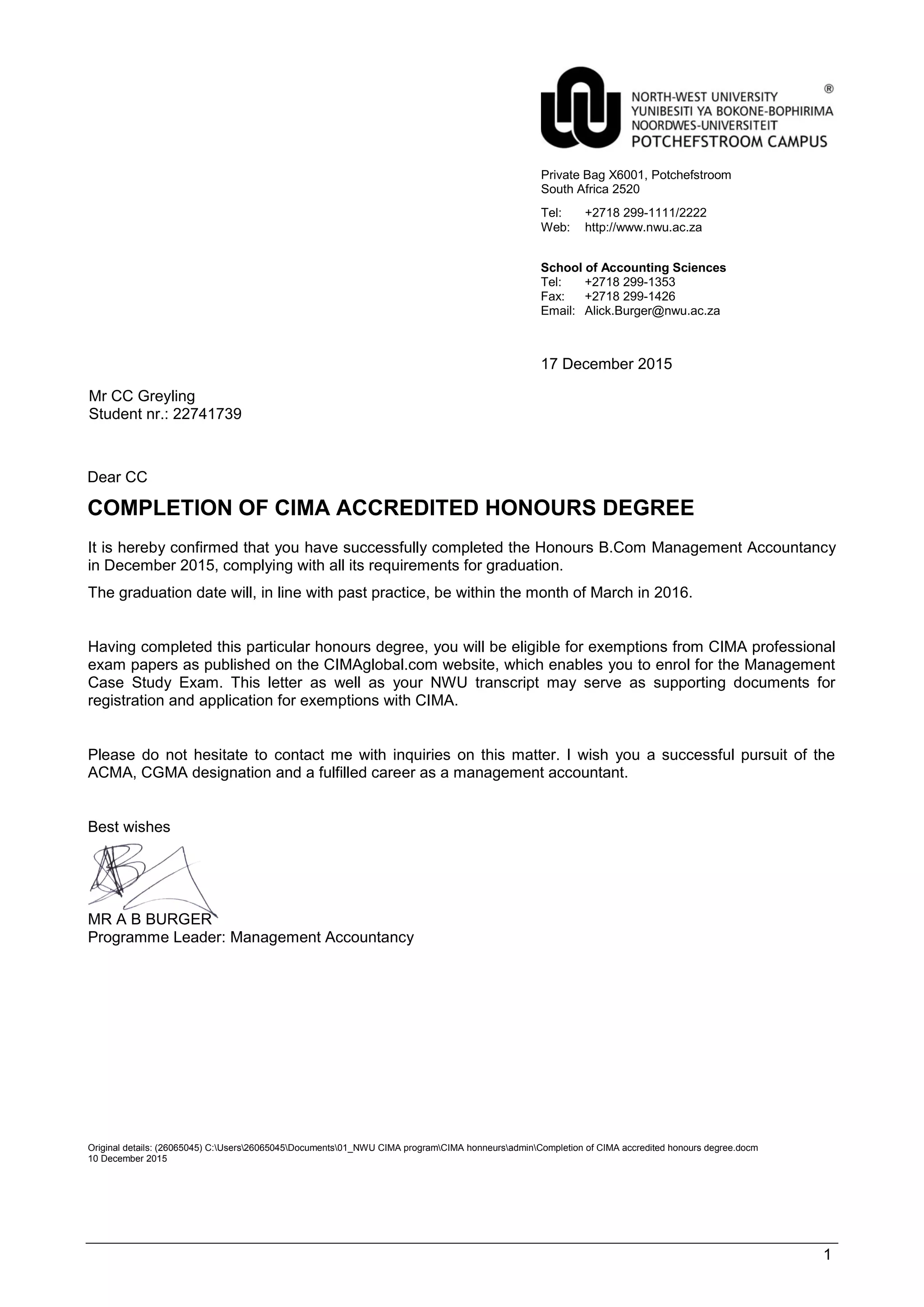 Completion of CIMA accredited honours degree-greyling | PDF