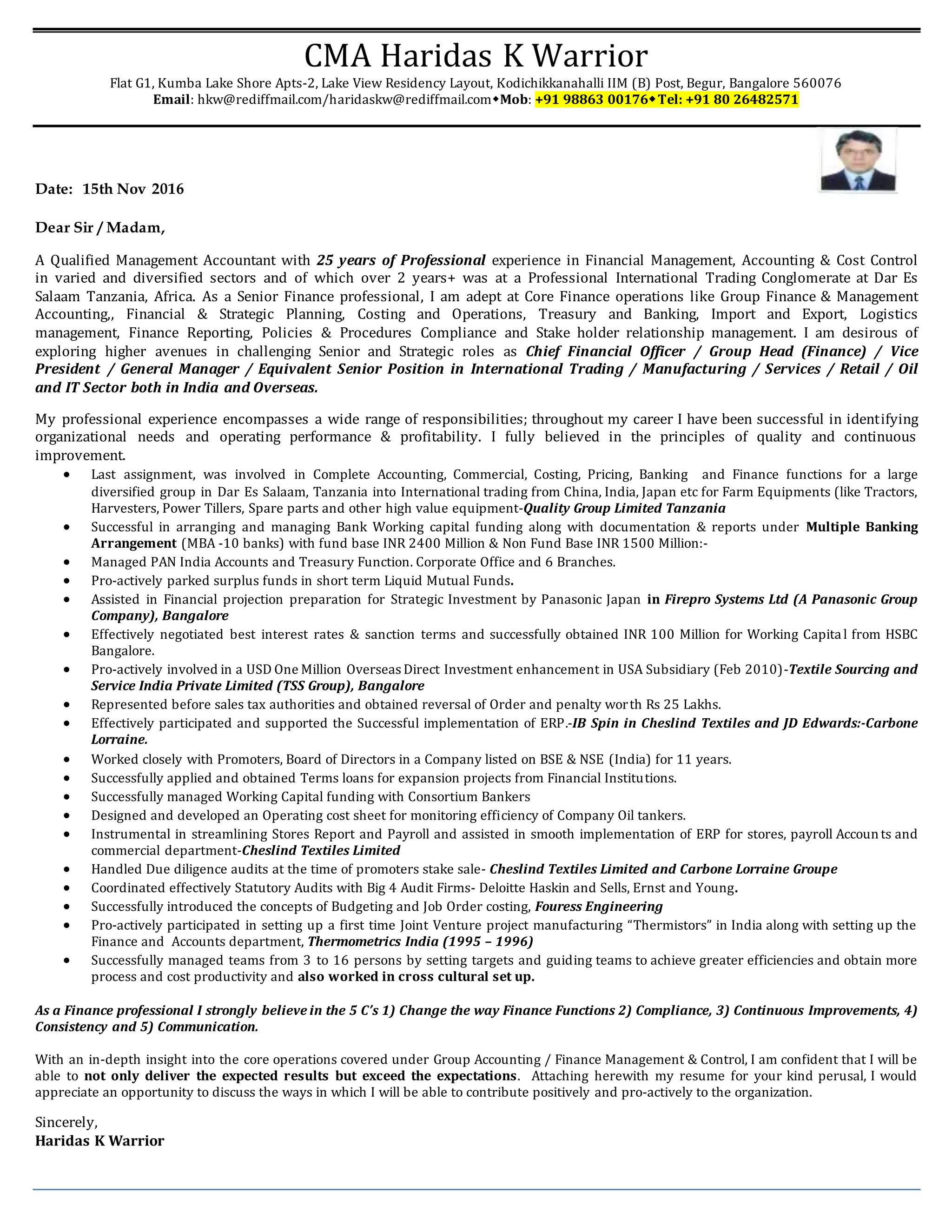 Profile and CV CMA Haridas K Warrior | DOCX