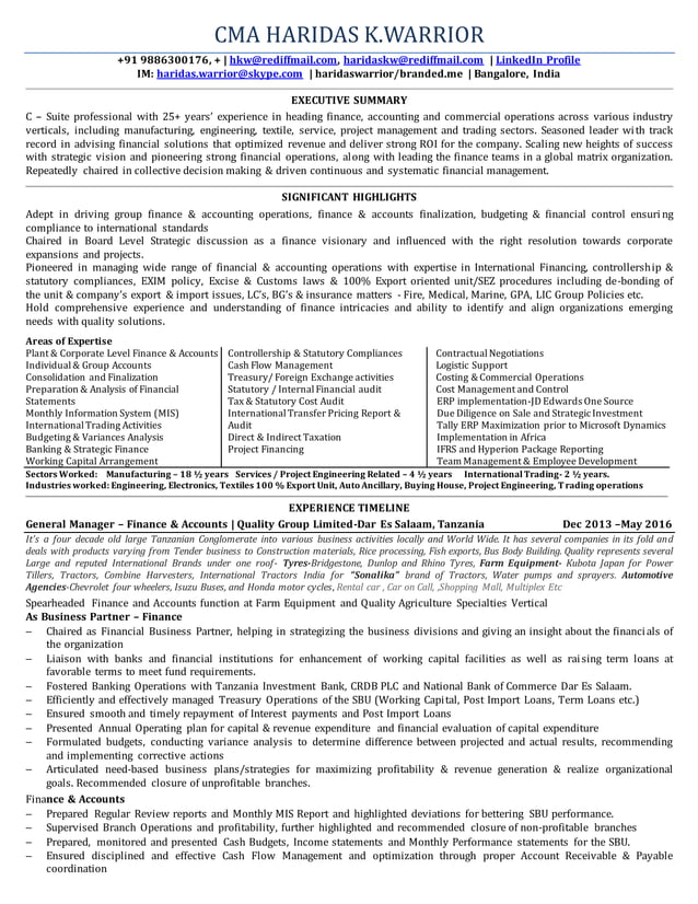 Profile and CV CMA Haridas K Warrior | DOCX