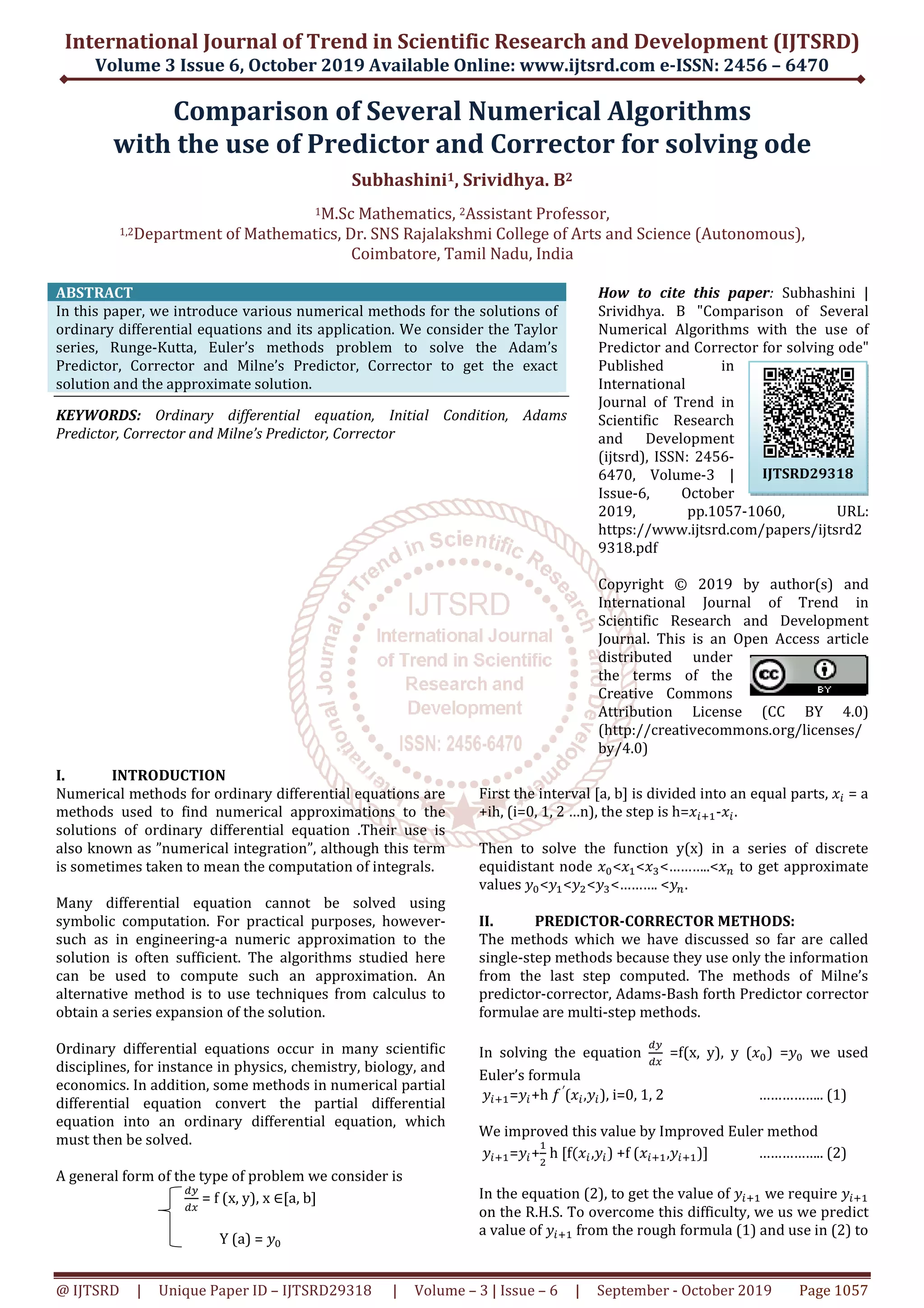 Comparison of Several Numerical Algorithms with the use of Predictor and Corrector for solving ...