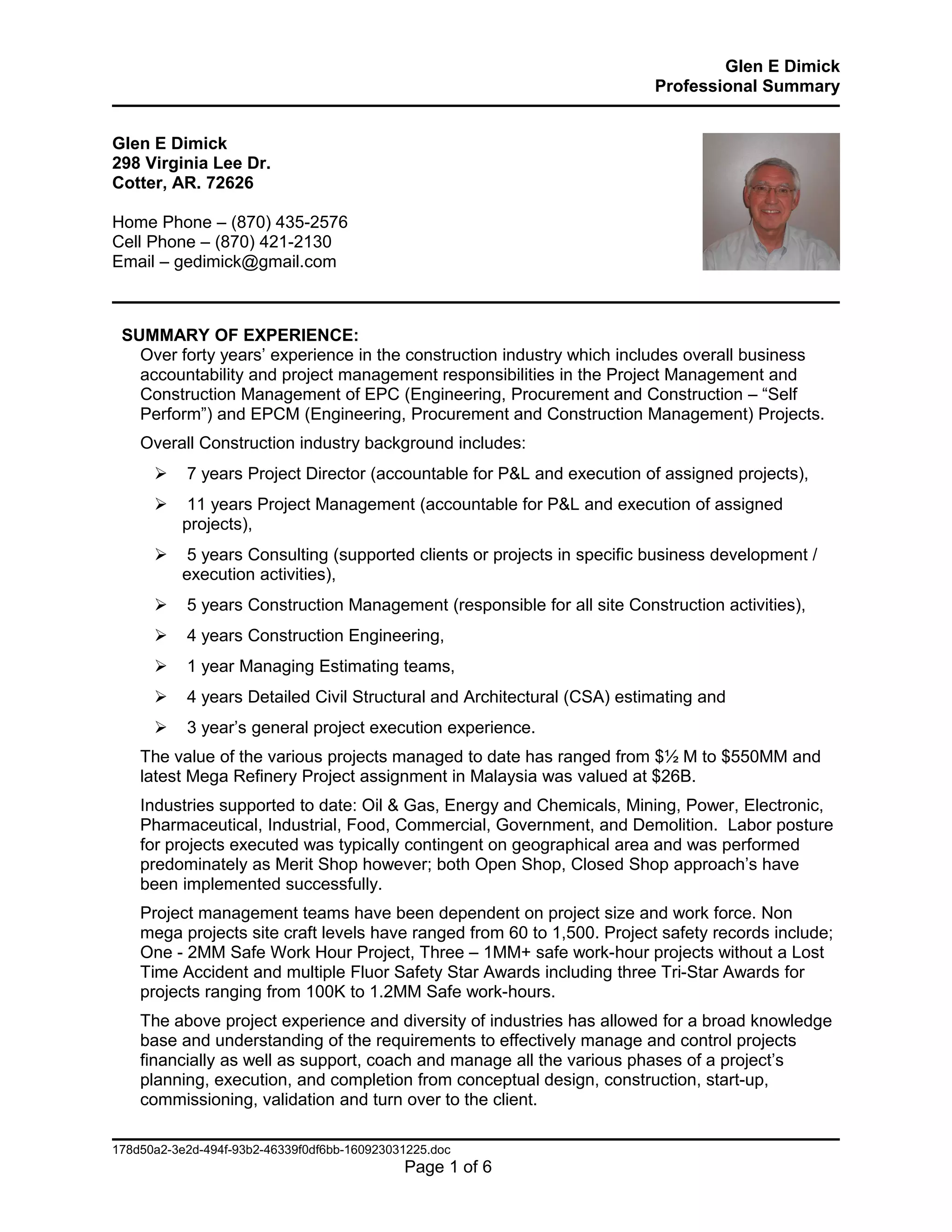 Dimick, Glen Resume_Summary_July 2016 | DOC