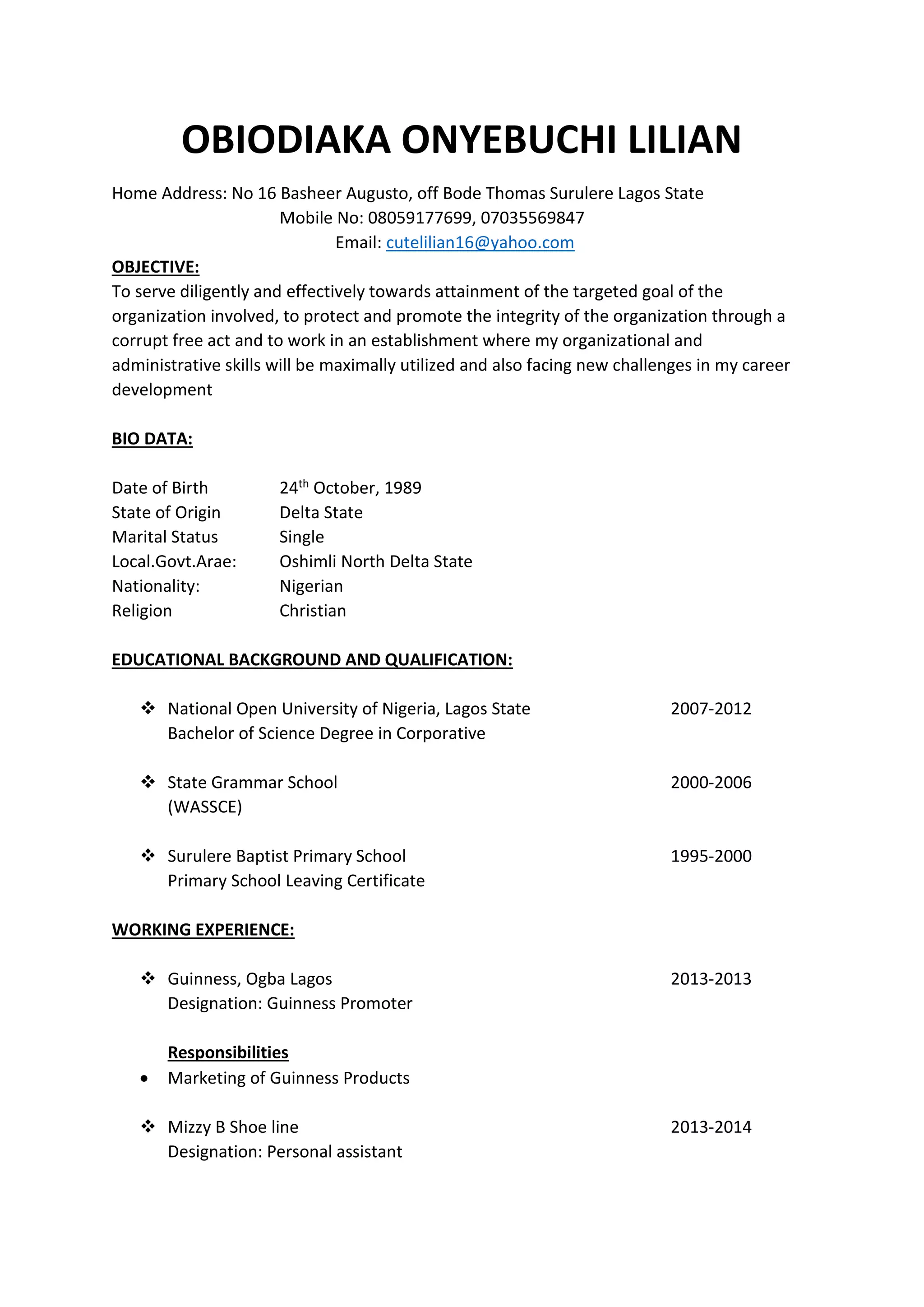 lilian's new CV | PDF | Business and Finance