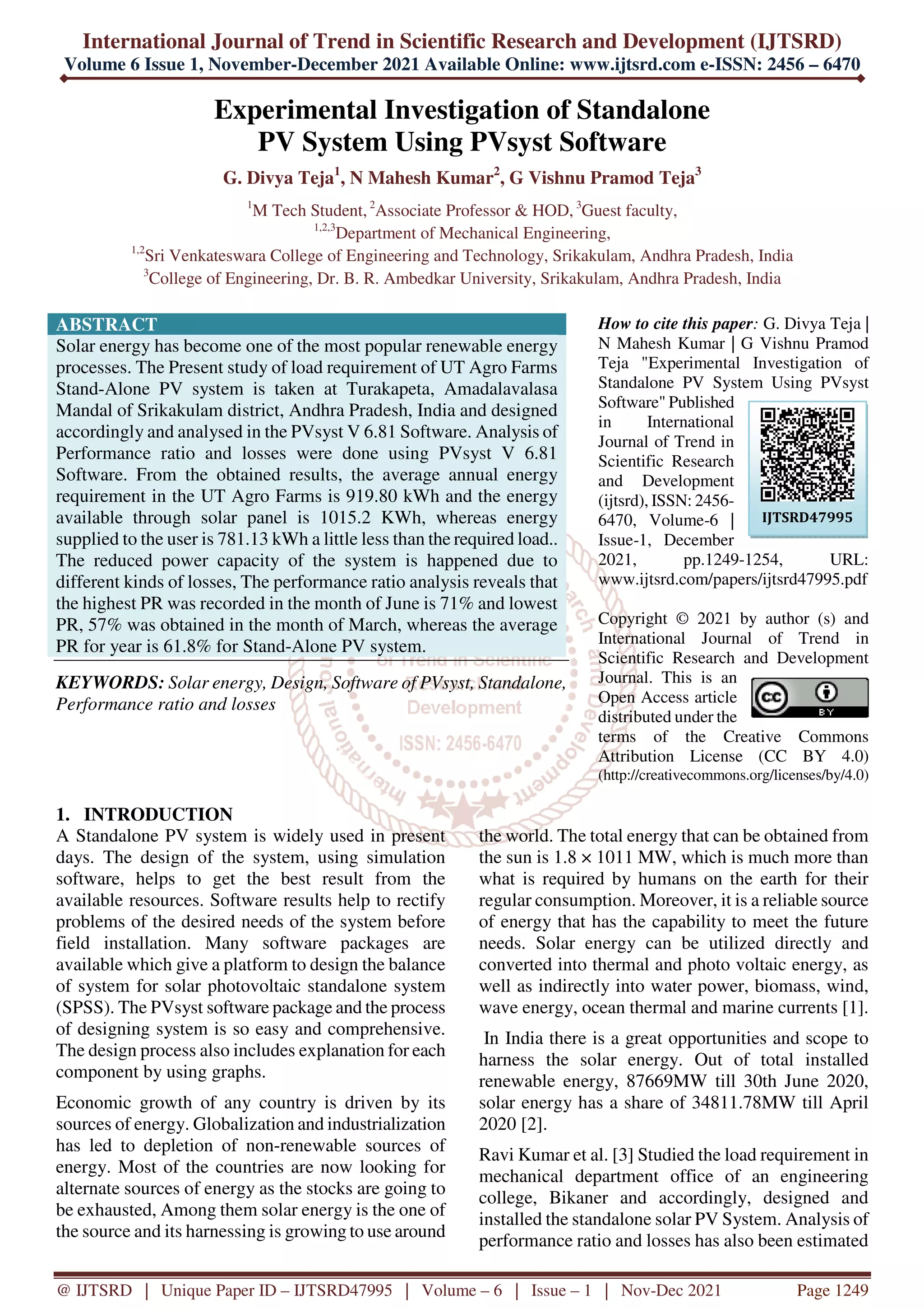 Experimental Investigation of Standalone PV System Using PVsyst ...