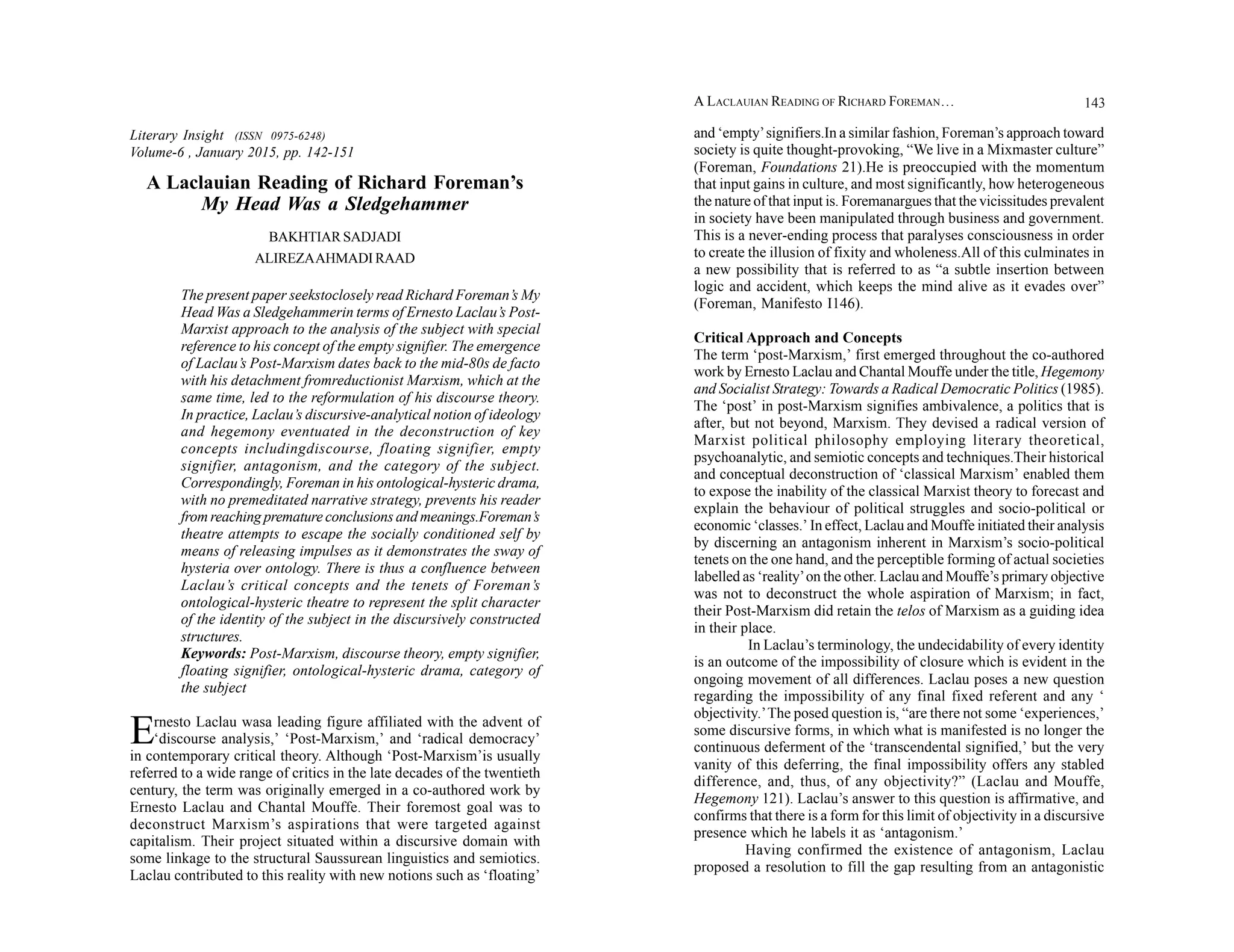 A Laclauian Reading of Richard Foreman’s My Head Was a Sledgehammer ...