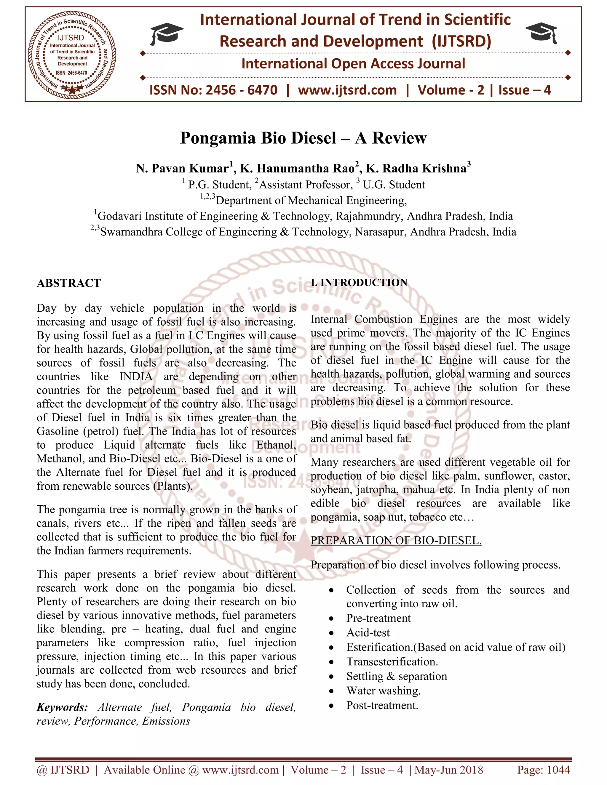Pongamia Bio Diesel '“ A Review | PDF