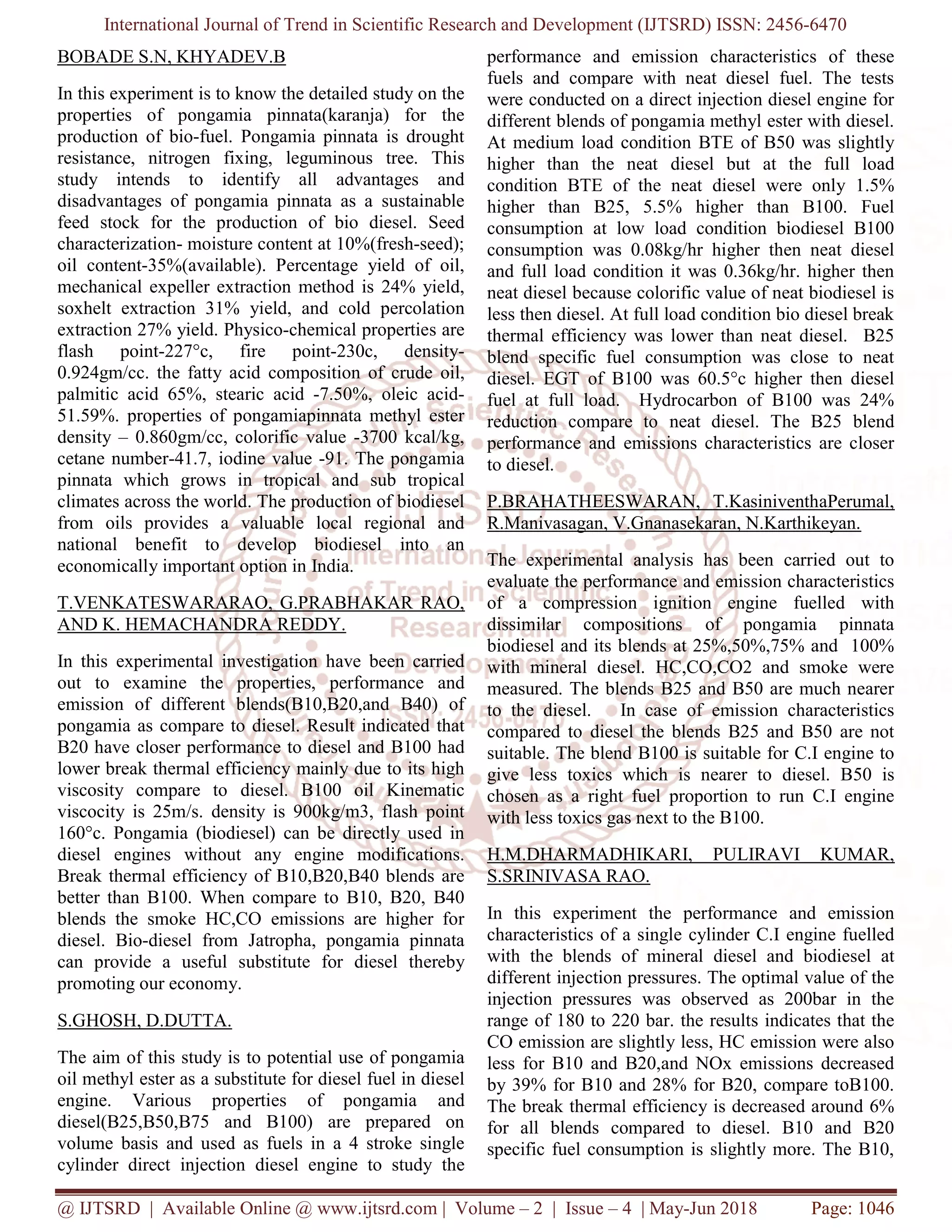 Pongamia Bio Diesel '“ A Review | PDF