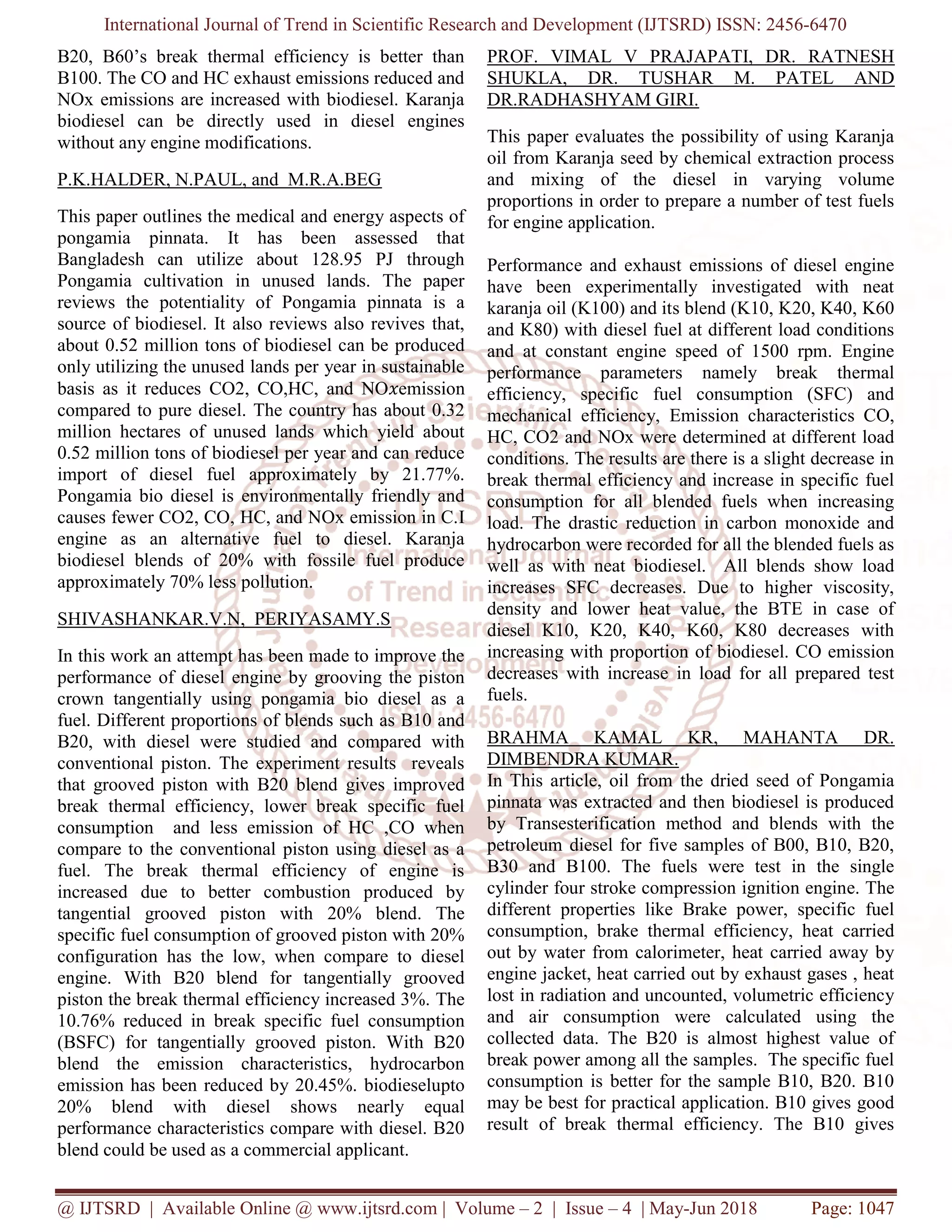 Pongamia Bio Diesel '“ A Review | PDF