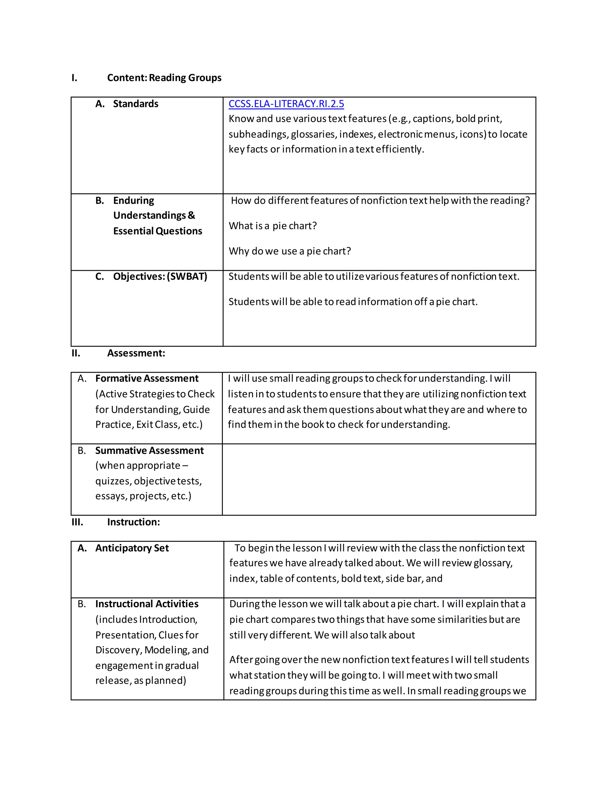 reading non fiction lesson | DOCX | Educational Assessment | Education