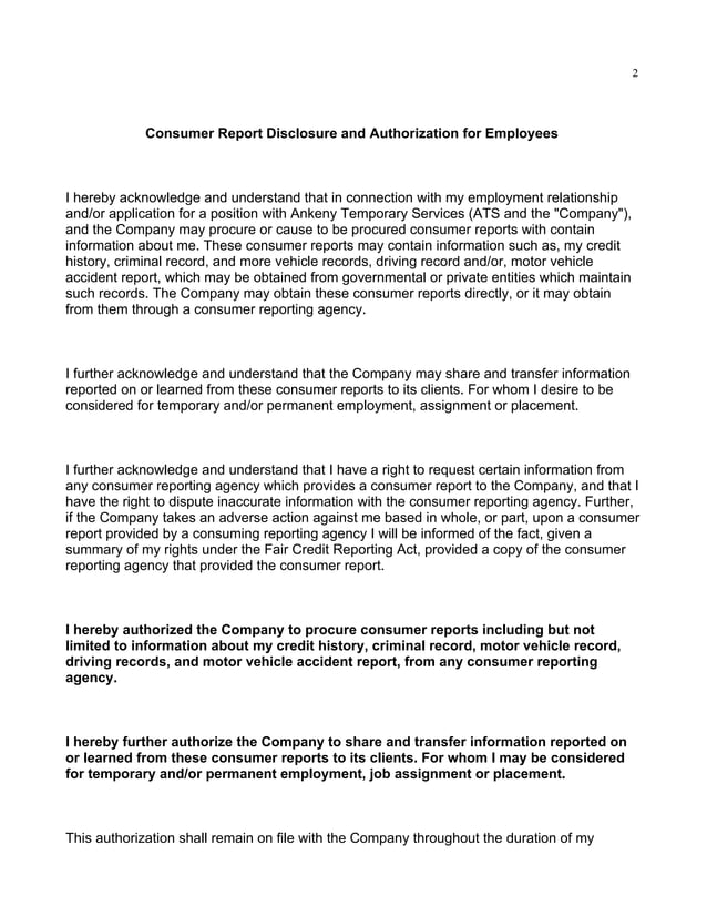 Consumer Report Disclosure and Authorization for Employeesx 5 | PDF