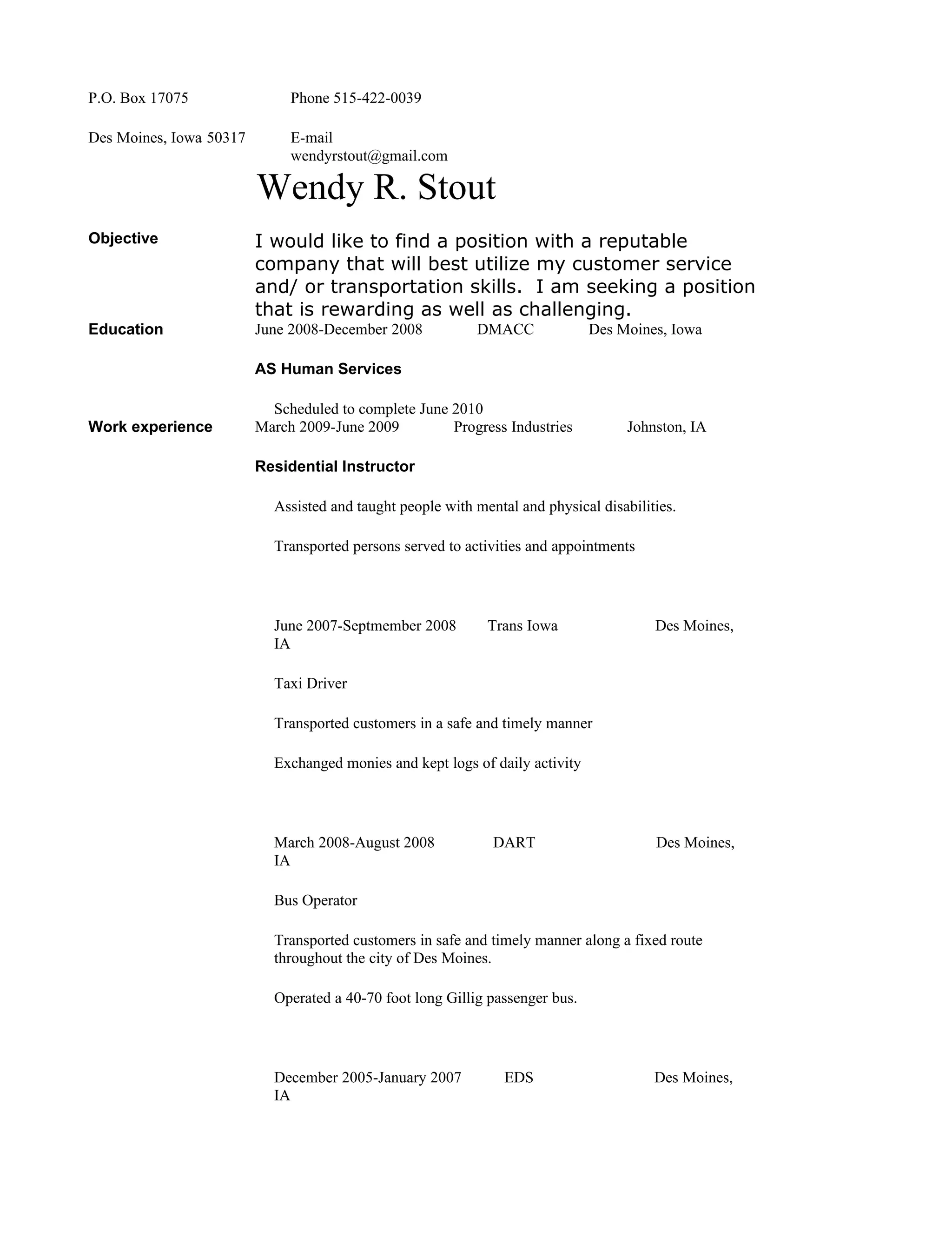 wendy resume | DOC | Commercial Trucks | Auto Body Styles