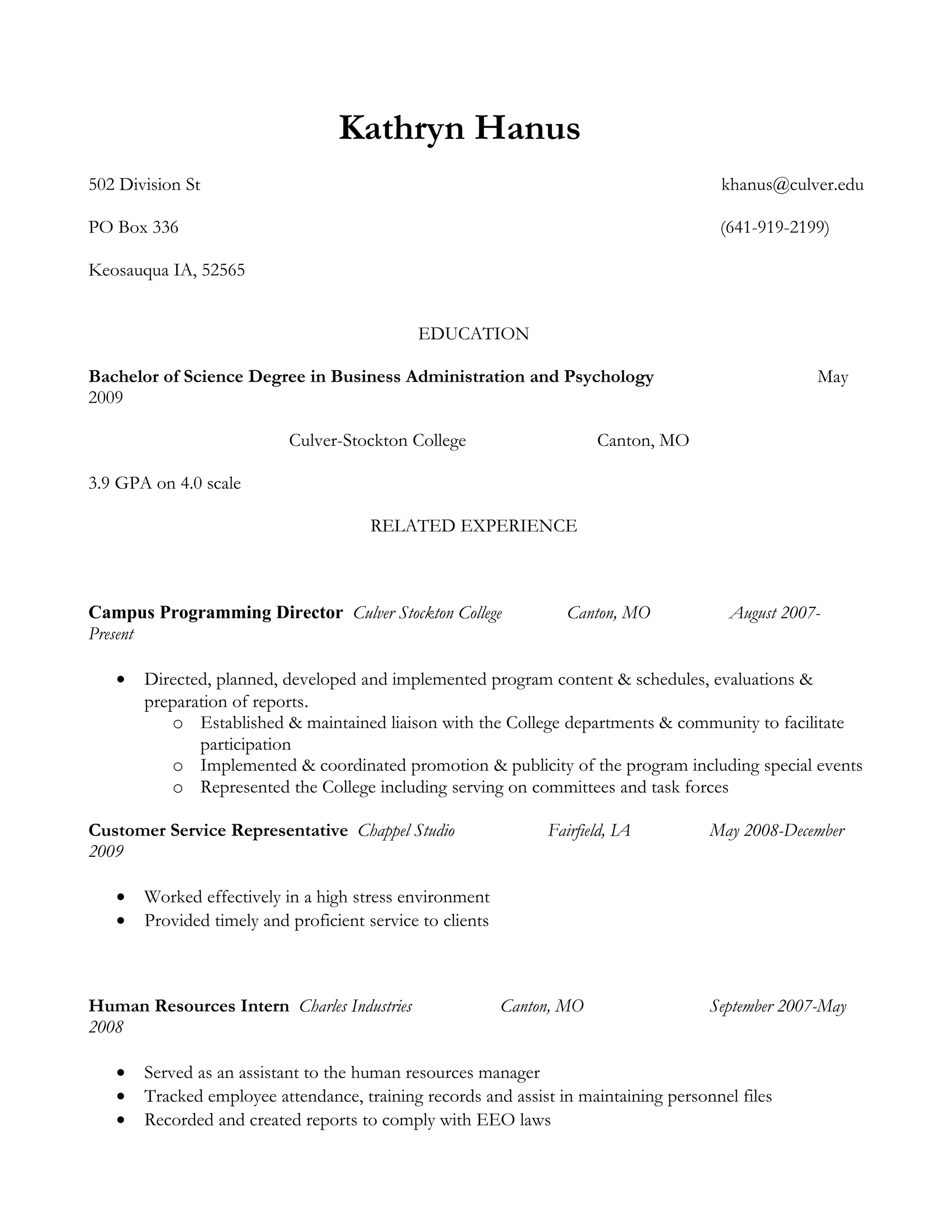 Kathryn Hanus Resume | DOC