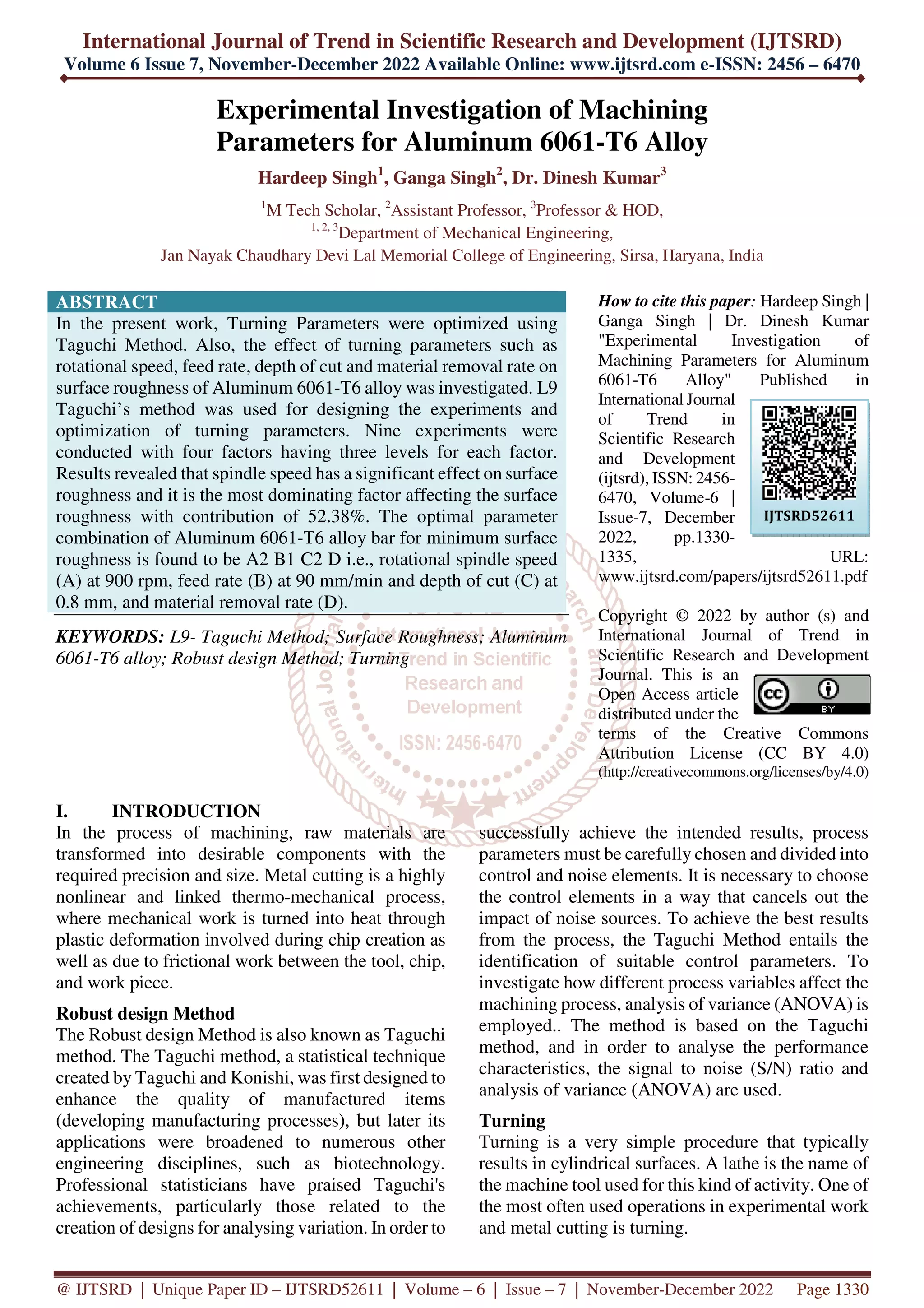 Experimental Investigation of Machining Parameters for Aluminum 6061 T6 Alloy | PDF
