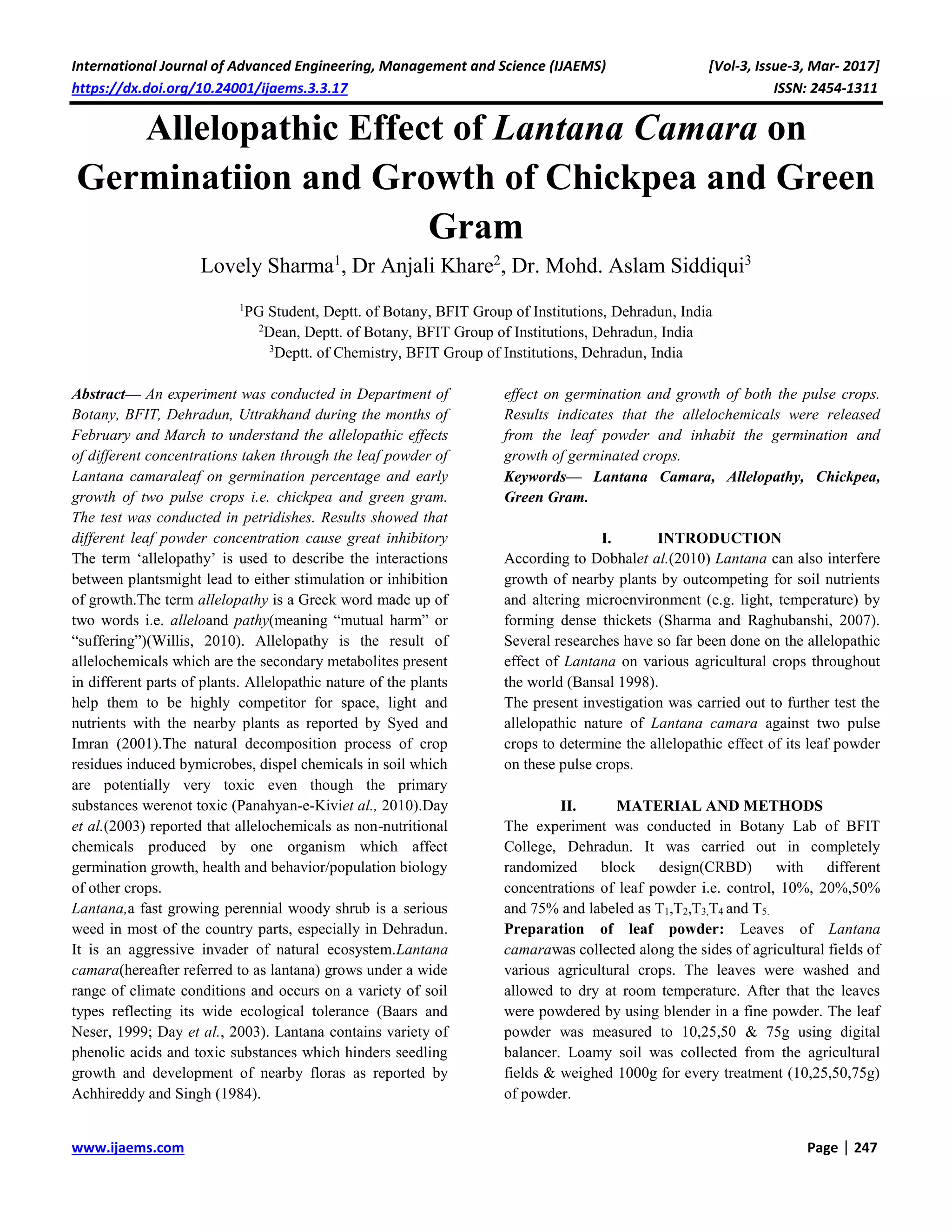 Allelopathic Effect of Lantana Camara on Germinatiion and Growth of Chickpea and Green Gram | PDF