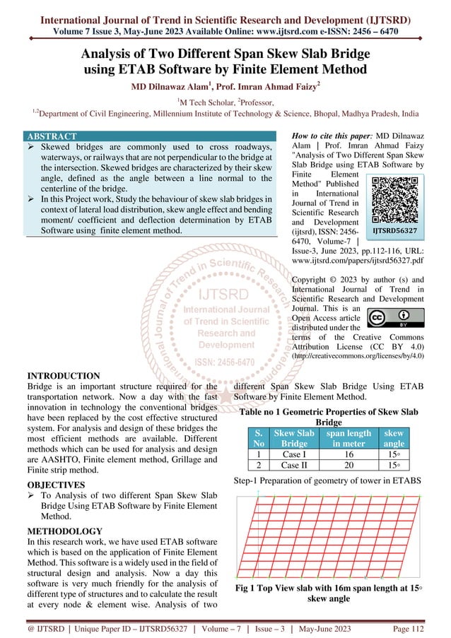 Analysis of Two Different Span Skew Slab Bridge using ETAB Software by Finite Element Method | PDF
