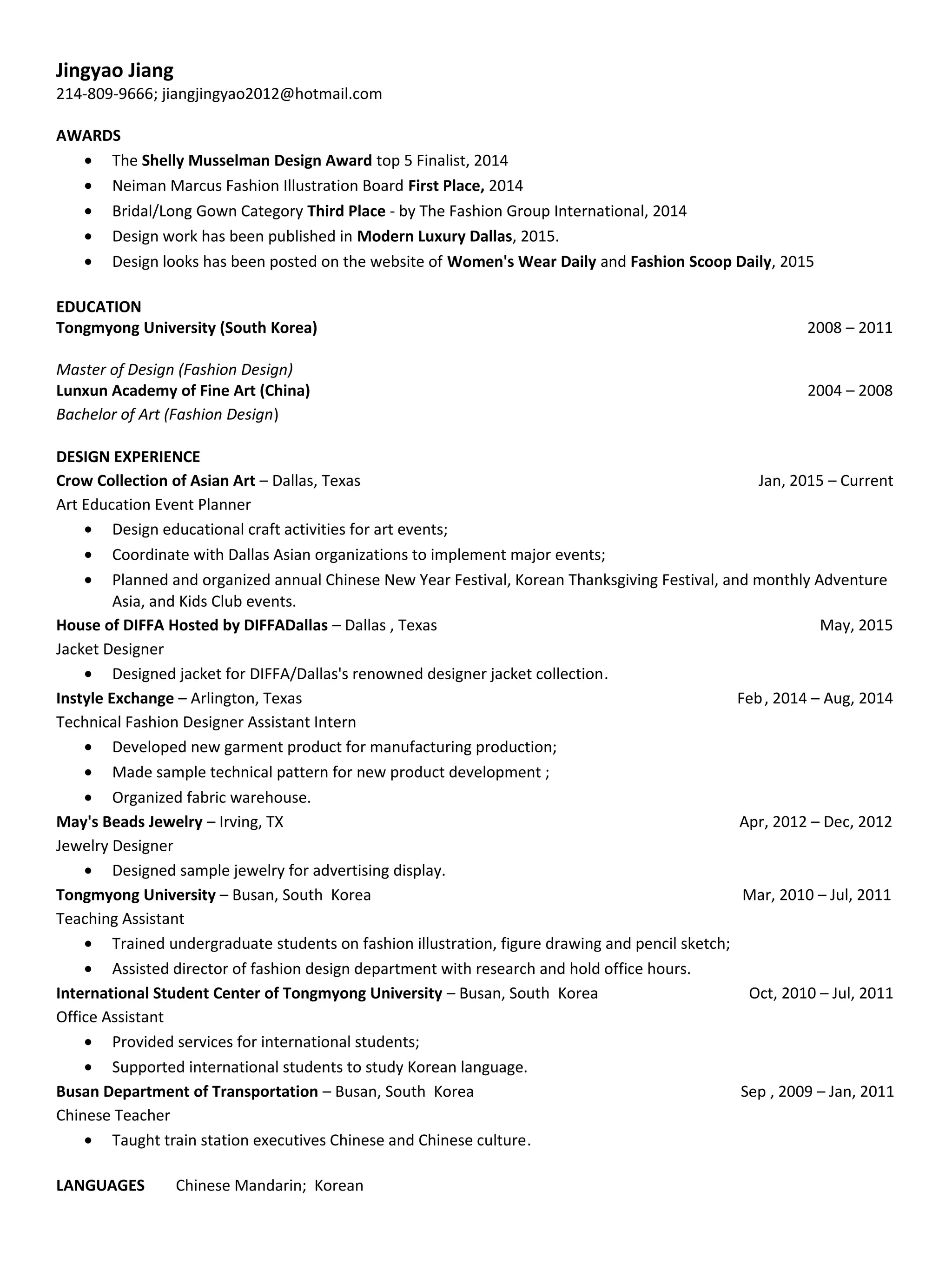 Jingyao Jiang's Resume | DOC