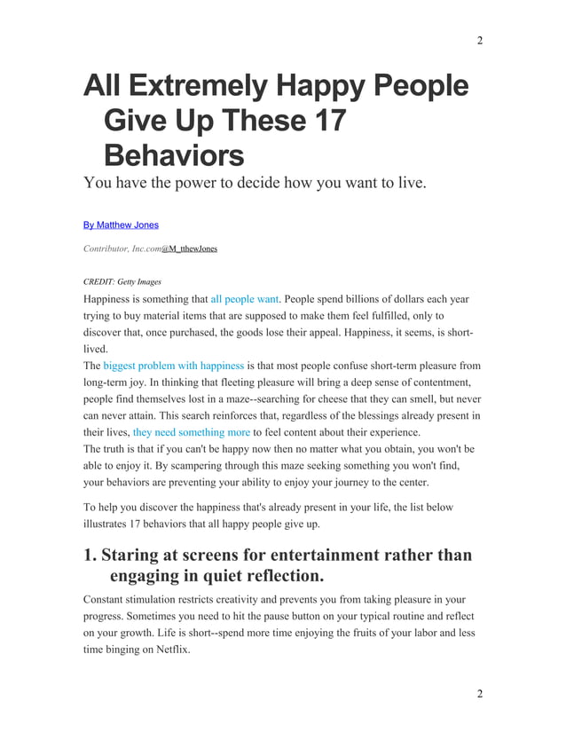 17 Behaviors Happy People Give Up | PDF