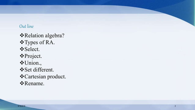 Relation Algebra in MS SQL | Types of relation Alger-bra | PPT