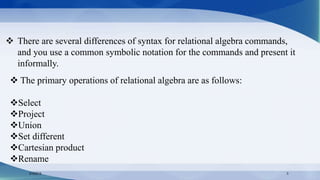 Relation Algebra in MS SQL | Types of relation Alger-bra | PPT