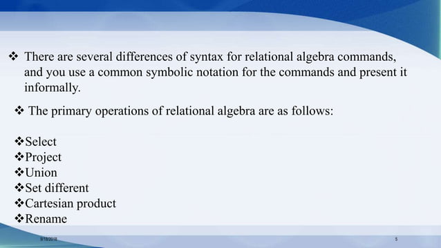 Relation Algebra in MS SQL | Types of relation Alger-bra | PPT