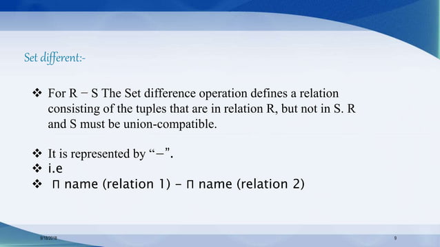Relation Algebra in MS SQL | Types of relation Alger-bra | PPT