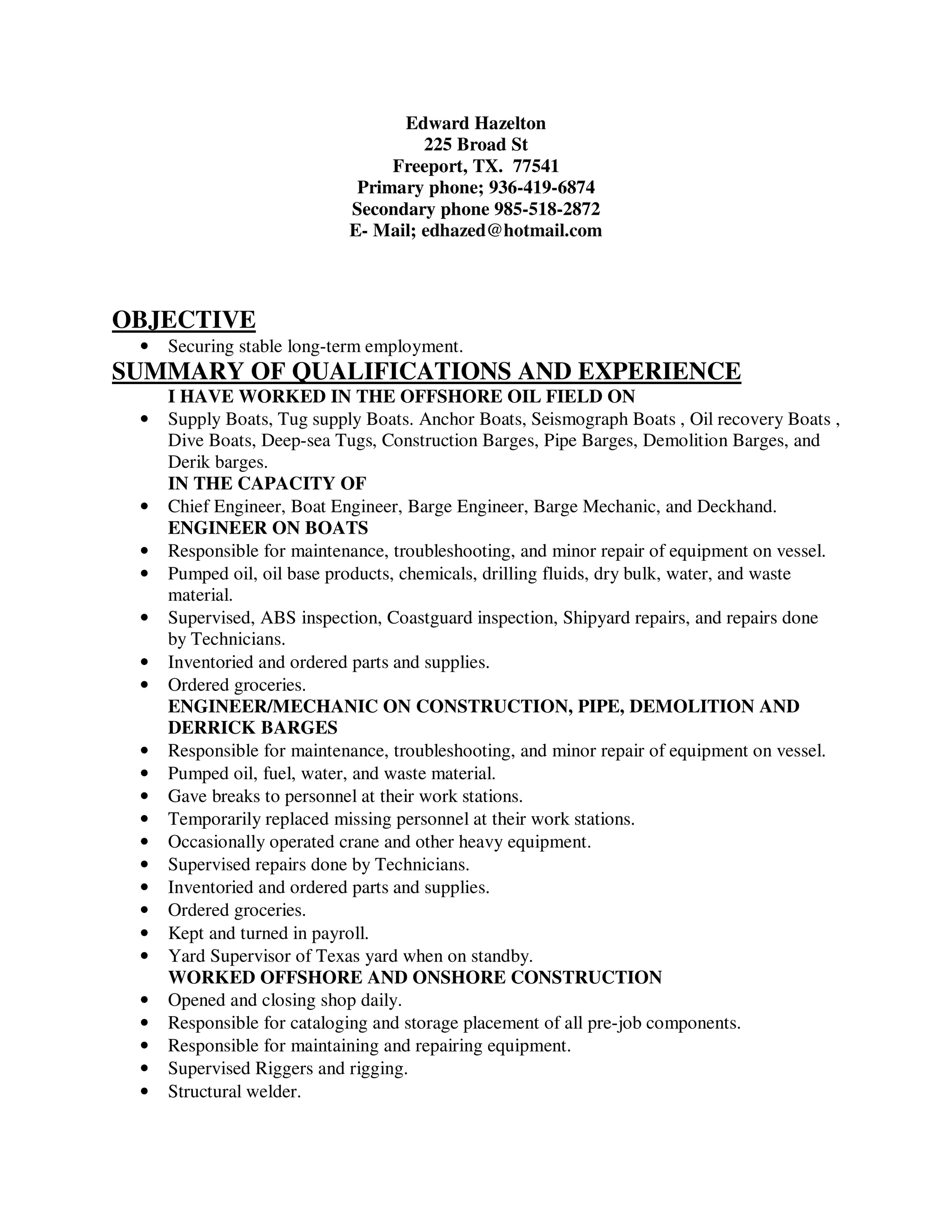 offshore resume | PDF