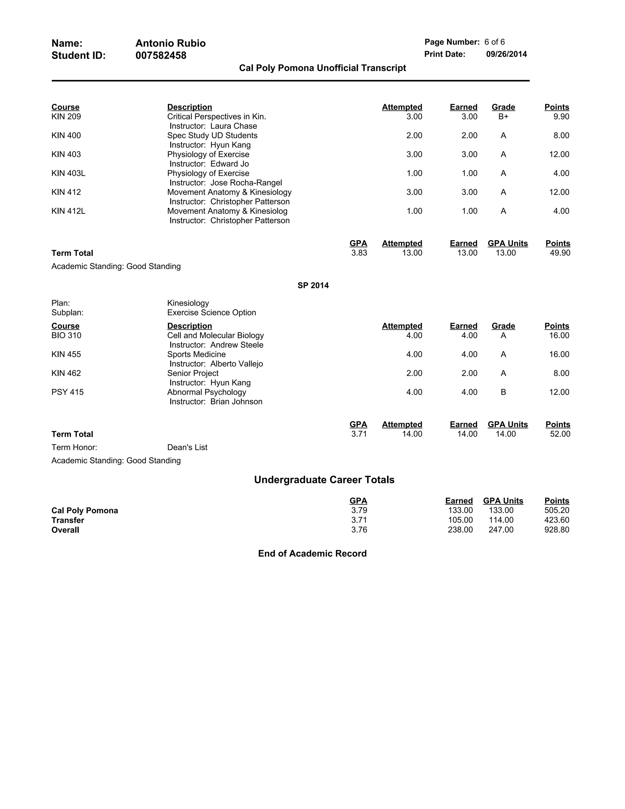 Cal Poly Pomona Unofficial Transcript | PDF