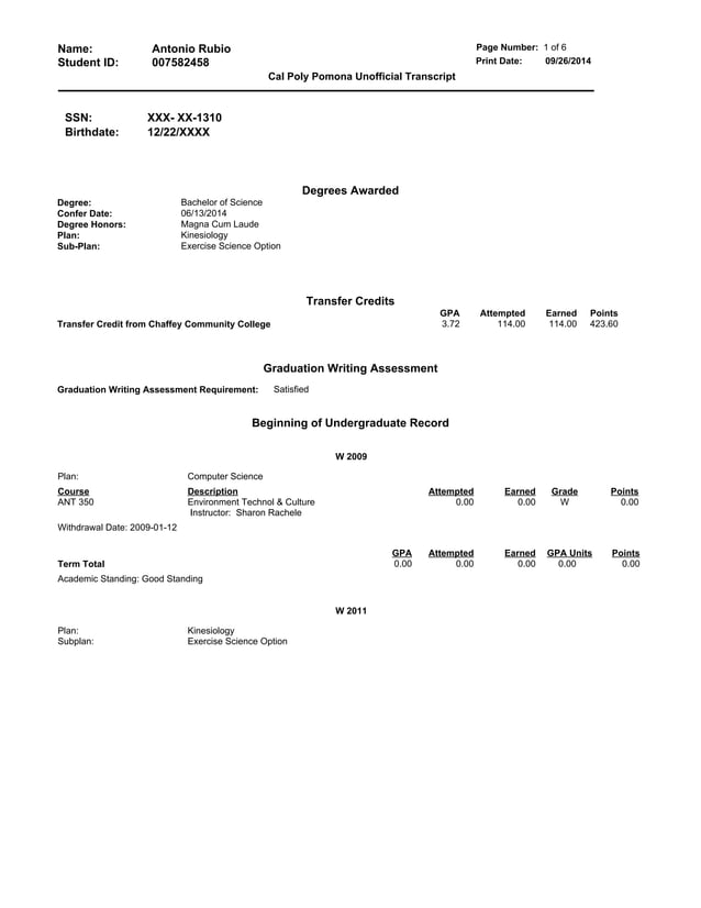 Cal Poly Pomona Unofficial Transcript | PDF | Undergraduate Education ...