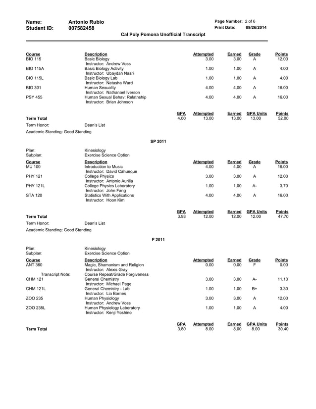 Cal Poly Pomona Unofficial Transcript | PDF | Undergraduate Education ...