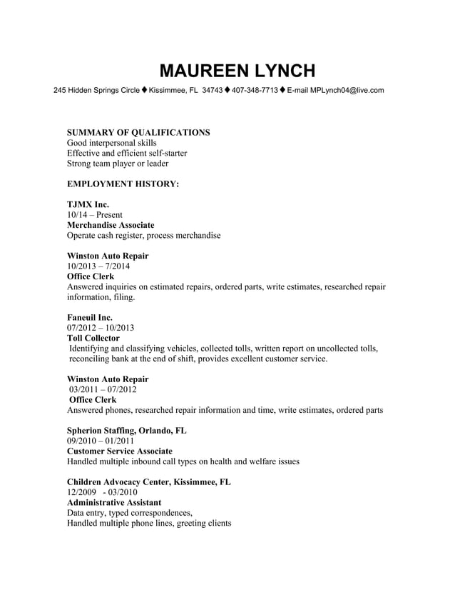 MAUREEN'S RESUME | DOC | Resume Writing and Advice | Job Search