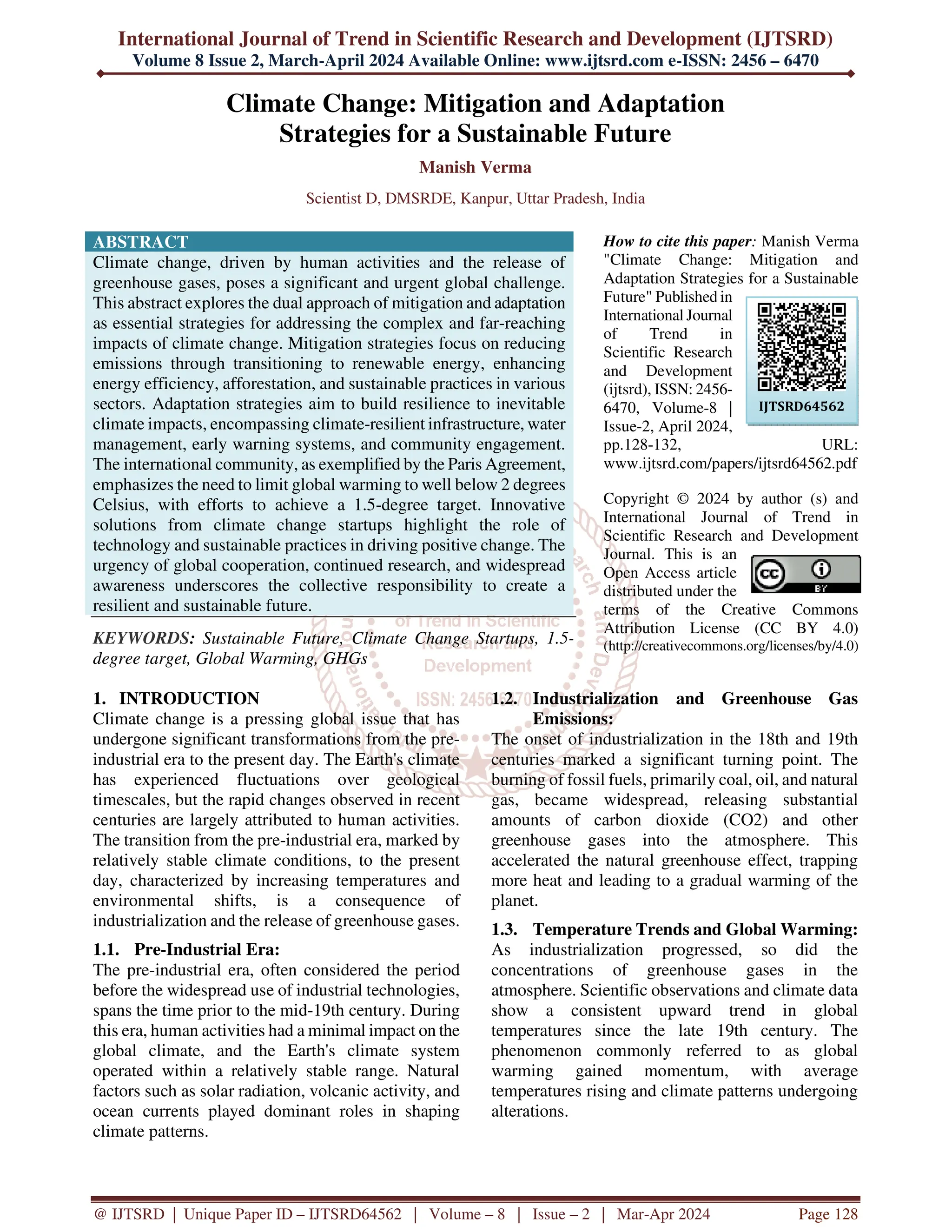 Climate Change Mitigation and Adaptation Strategies for a Sustainable ...