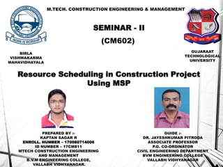 Resource scheduling in Construction Projects Using MSP | PPTX