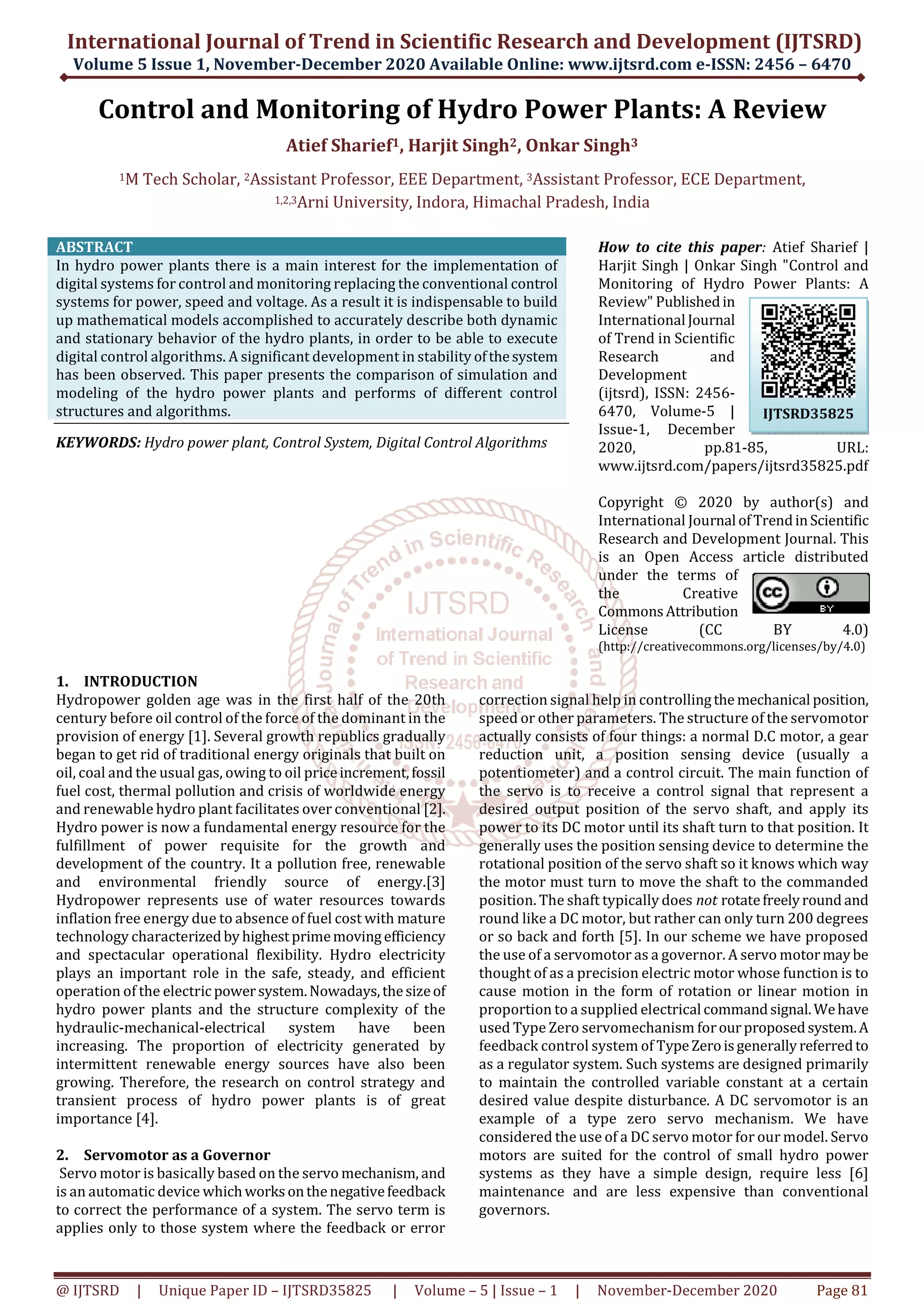 Control and Monitoring of Hydro Power Plants A Review | PDF