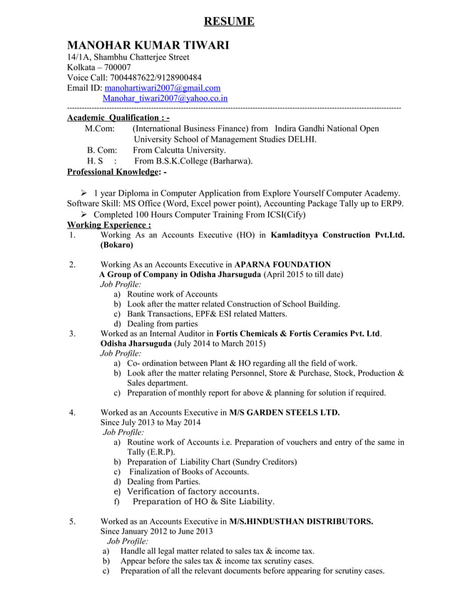 Curriculum Vitae of MANOHAR TIWARI | PDF