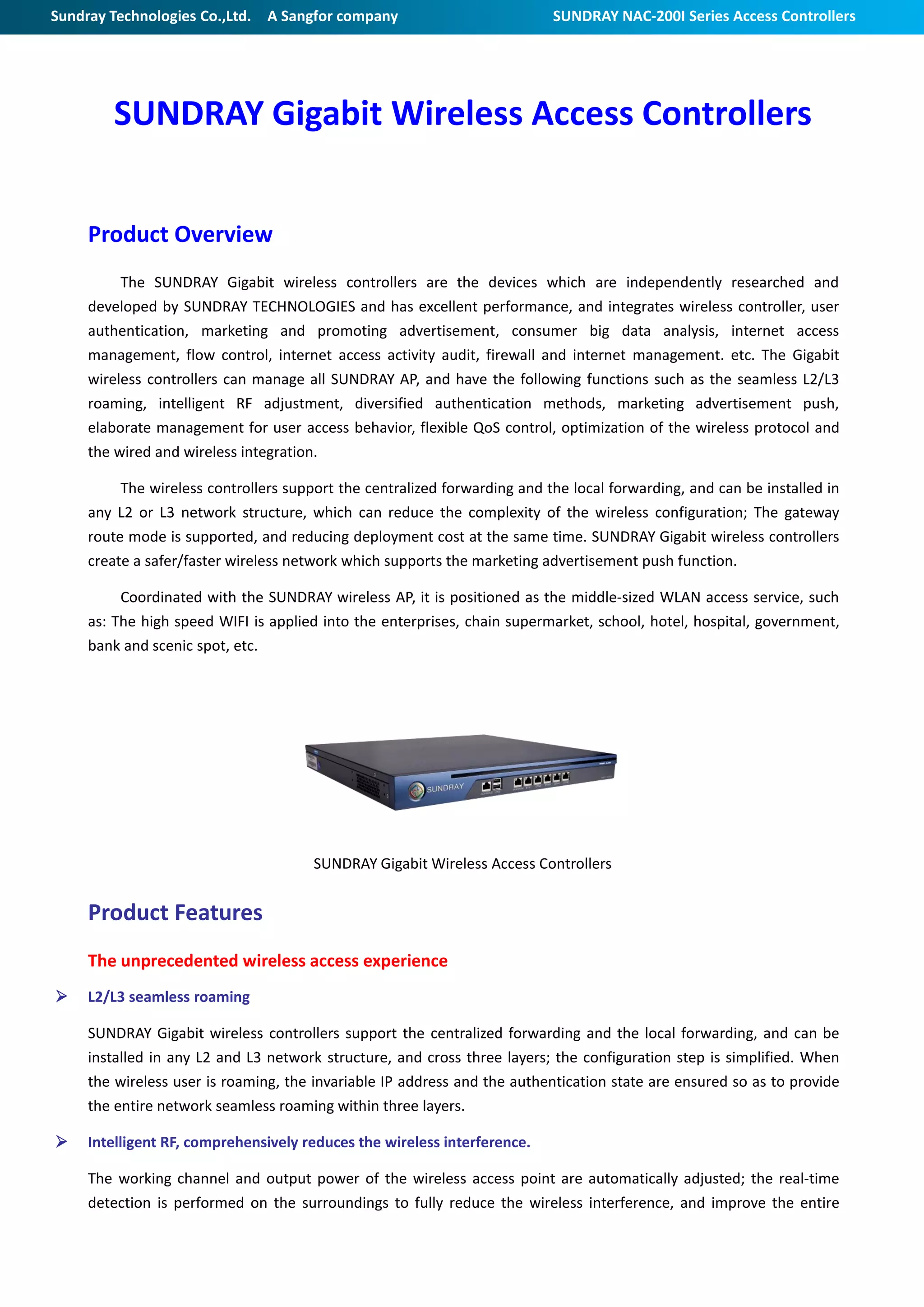 SUNDRAY Gigabit Series Wireless Access Controller | PDF