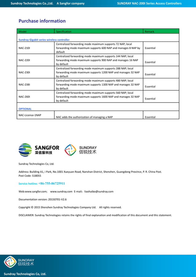 SUNDRAY Gigabit Series Wireless Access Controller | PDF | Internet of ...